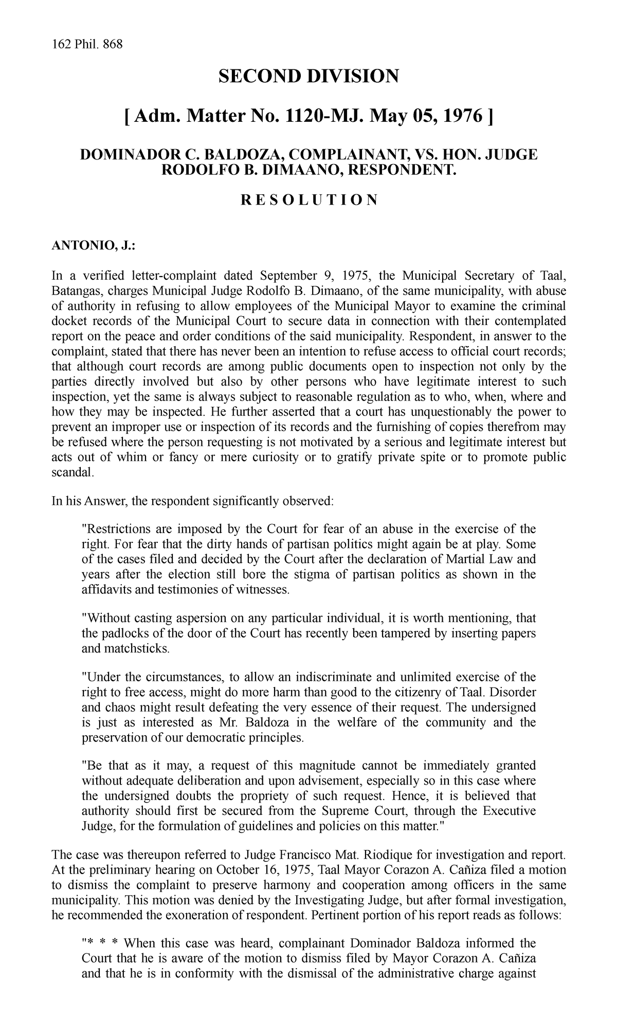 (5) Baldoza vs. Dimaano - 162 Phil. 868 SECOND DIVISION [ Adm. Matter ...