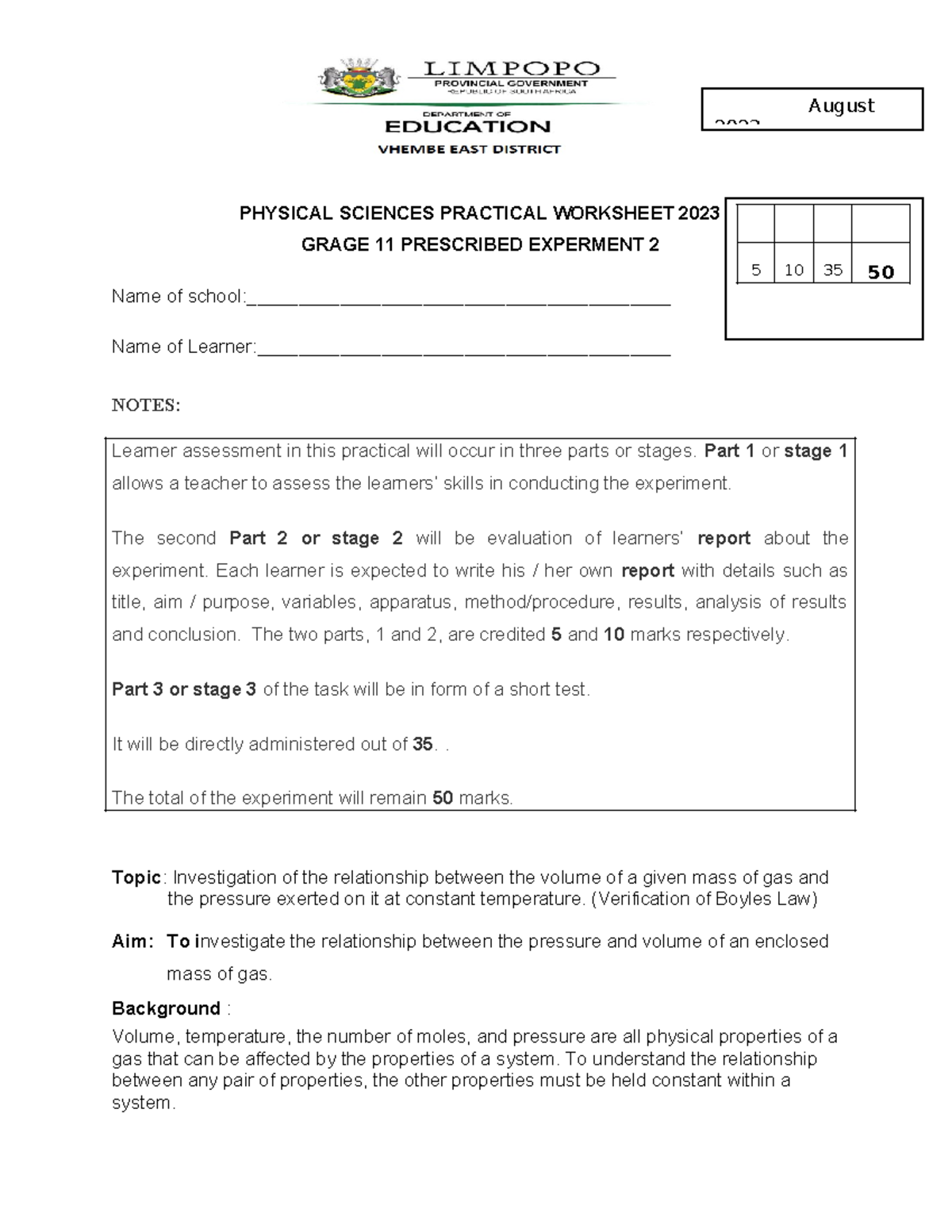 2023 Physical Sciences Grade 11 Experiment 2 ( Boyles Law) - PHYSICAL ...