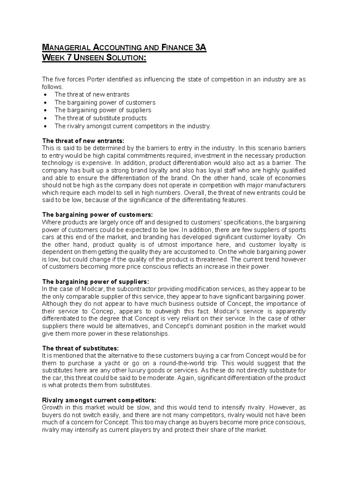 ACCT331 Week 7 Unseen solution - MANAGERIAL ACCOUNTING AND FINANCE 3A ...