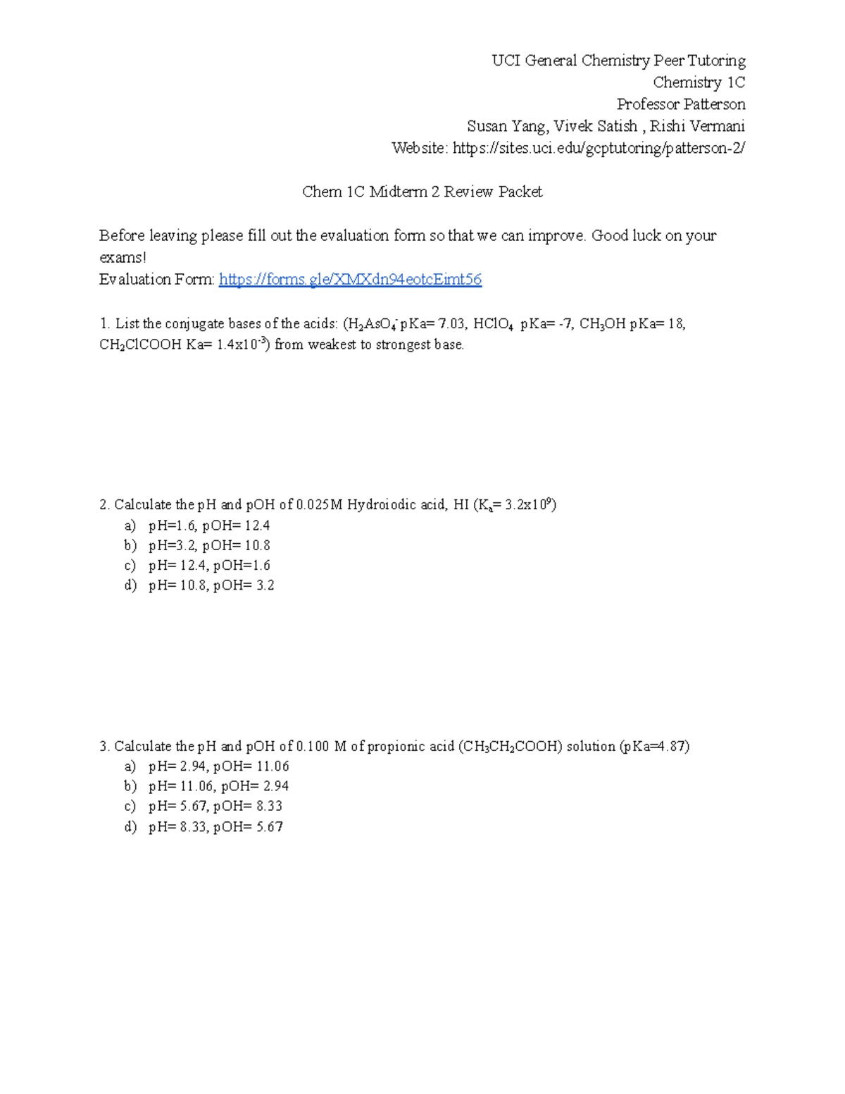 Copy of Patterson Chem1C Midterm 2 Review - Chem 1B - UC Irvine - Studocu