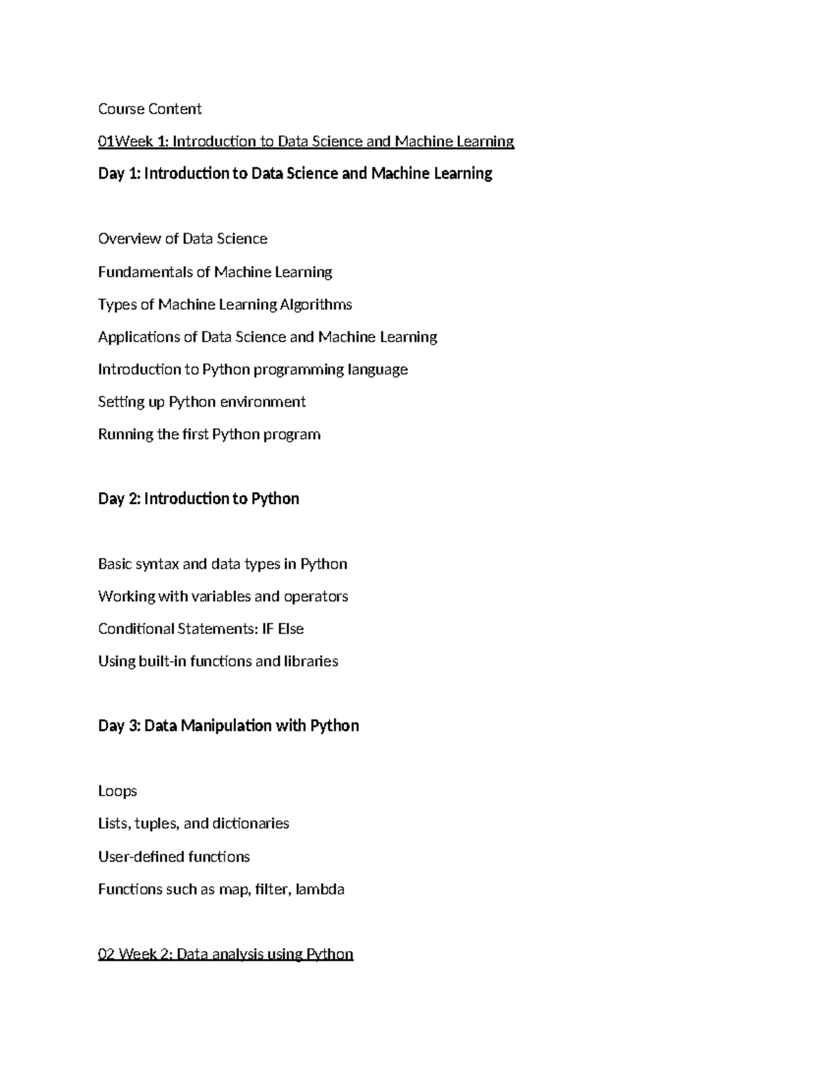 DATA Science Detailed Course Outline - Course Content 01Week 1 ...