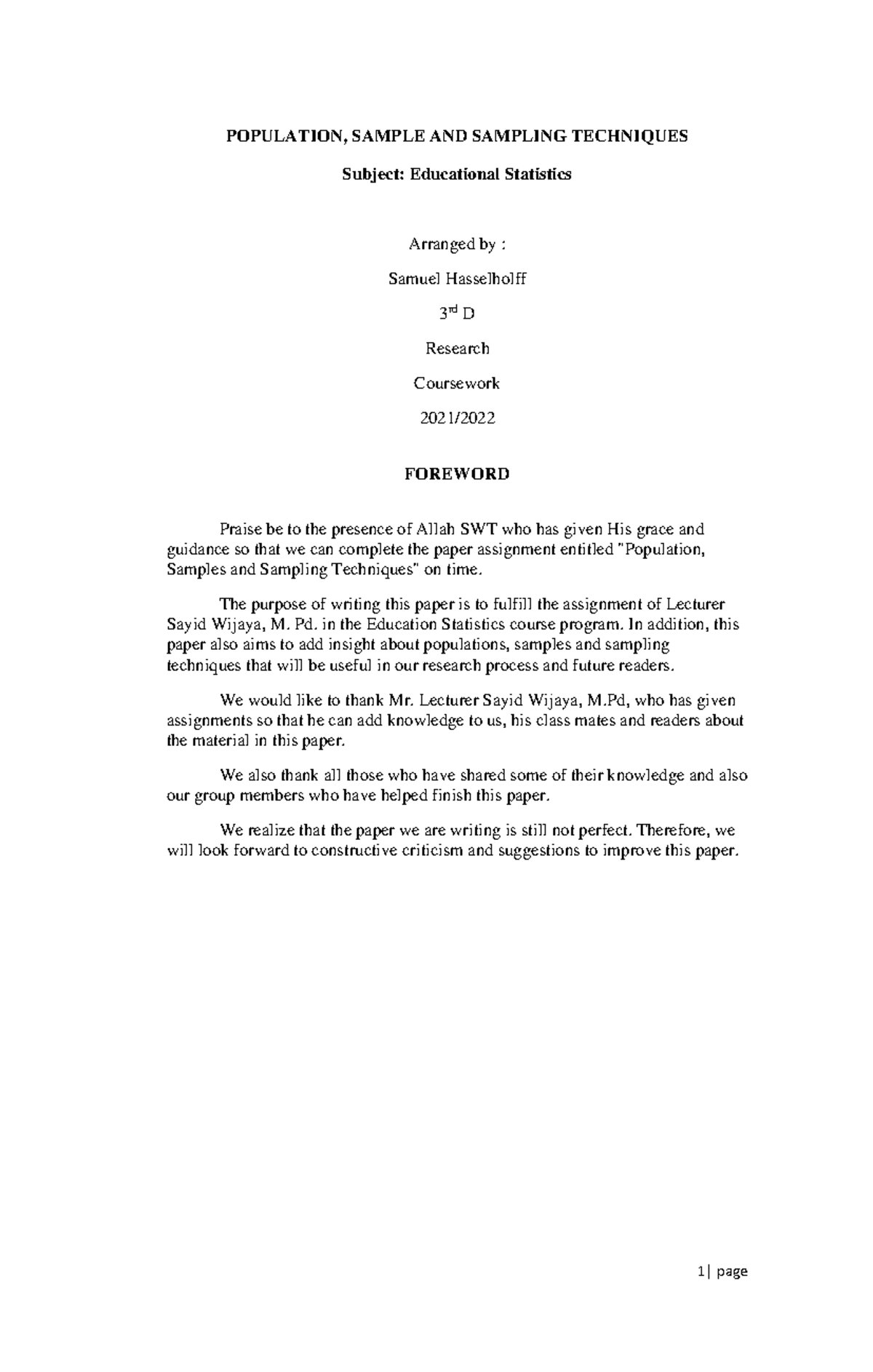 Coursework Population, Sample AND Sampling Techniques - POPULATION ...