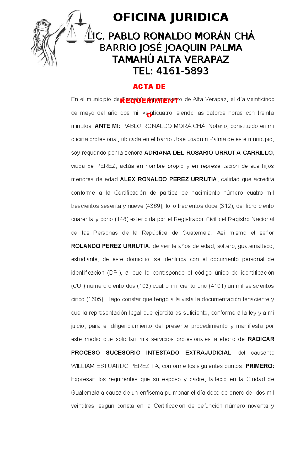 1. ACTA DE Requerimiento Sucesorio Intestado - OFICINA JURIDICA LIC ...