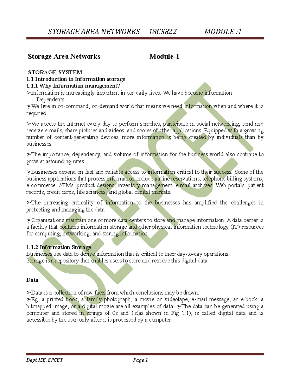SAN Mod 1 Notes -1 - Storage Area Networks Module- STORAGE SYSTEM 1 ...