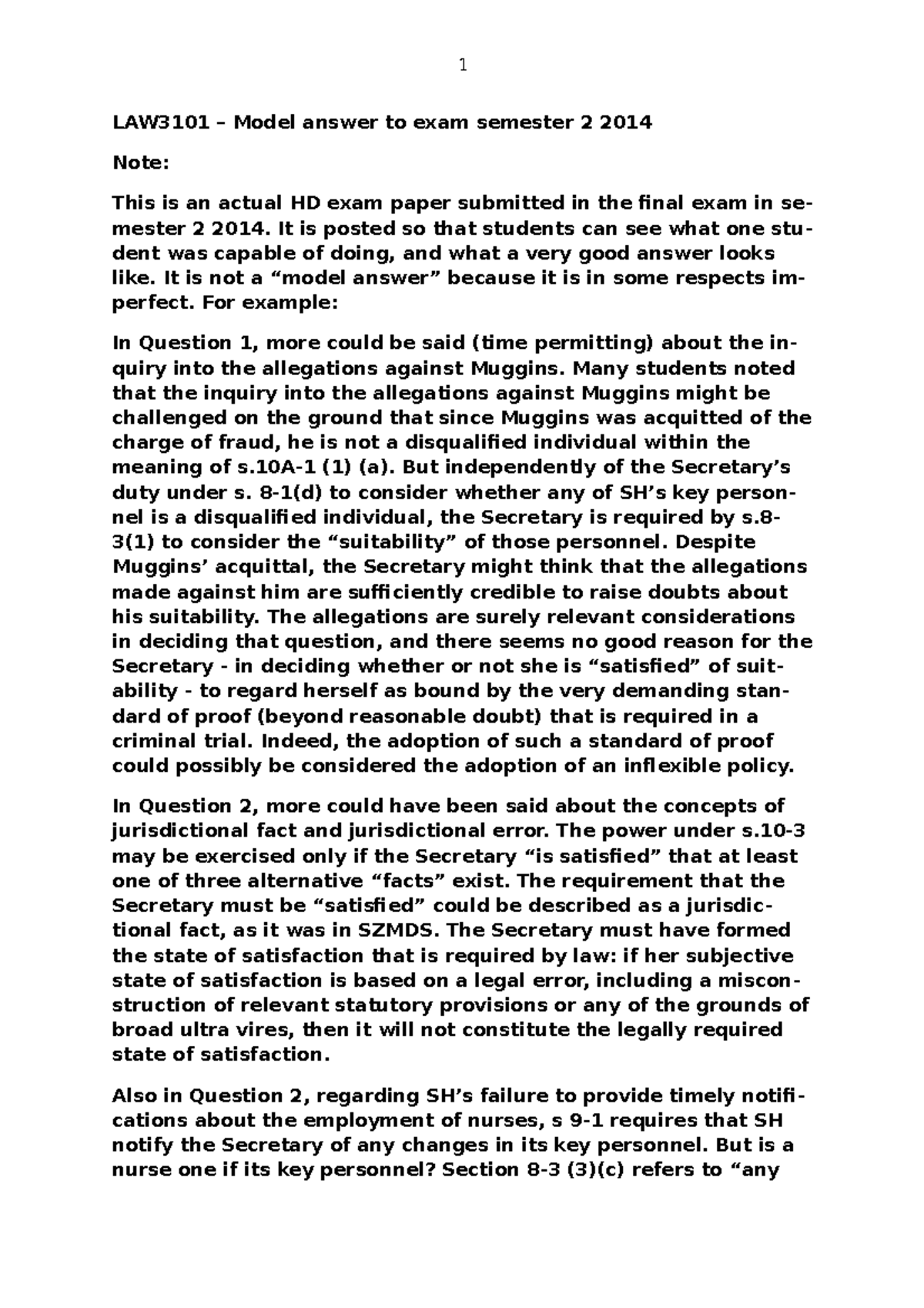 2014 S2 - Model HD Answer - LAW3101 – Model answer to exam semester 2 ...