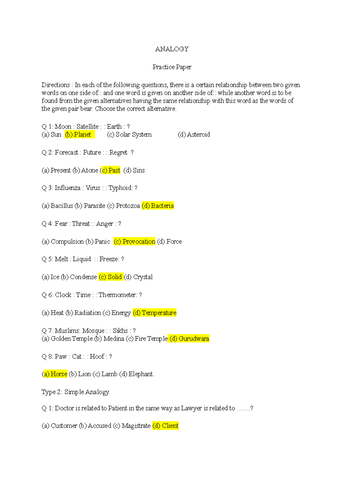 Analogy Practice Paper - ANALOGY Practice Paper Directions : In each of ...