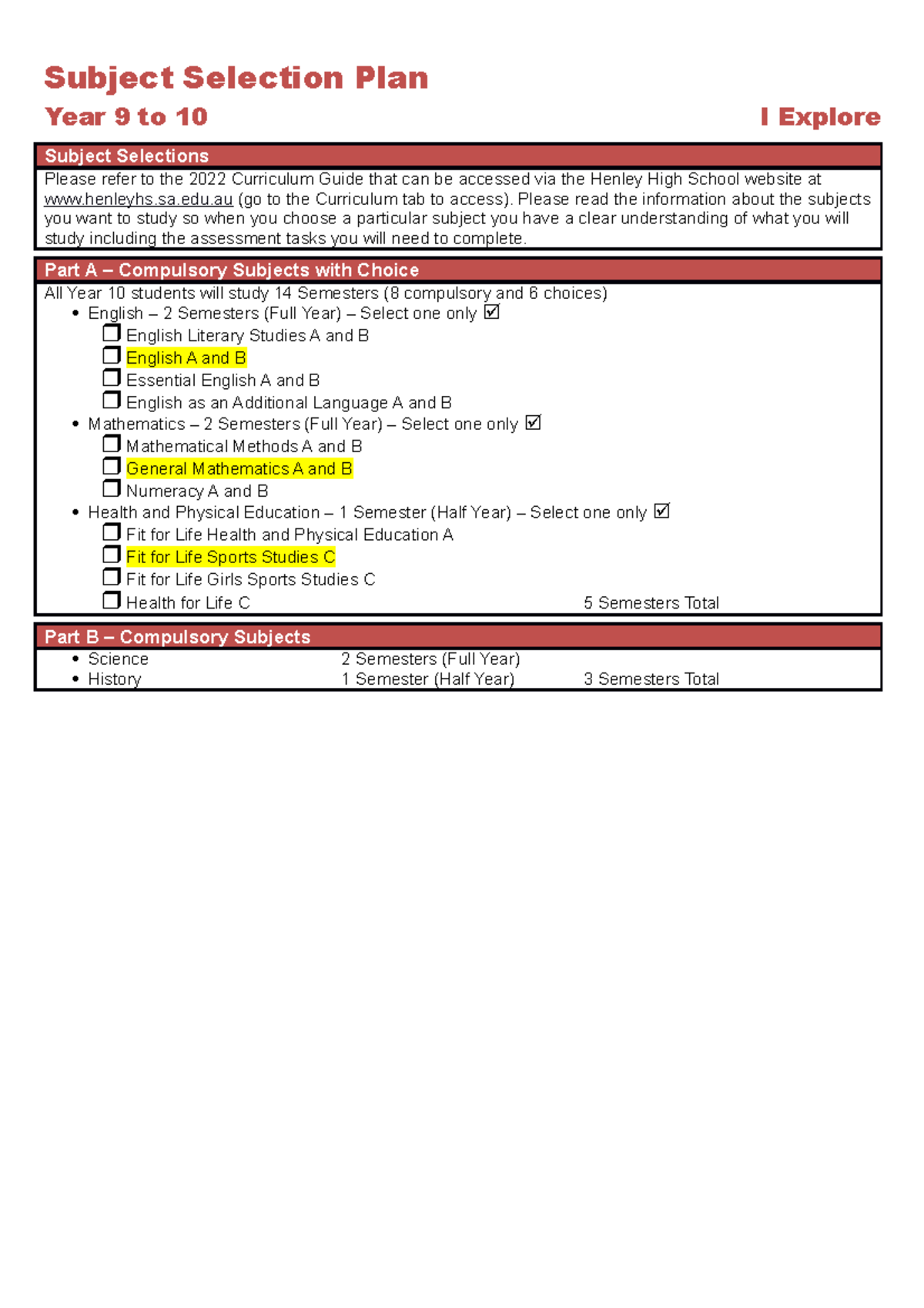 Subejct Selection Plan - Year 9 HHS - Subject Selection Plan Year 9 to ...