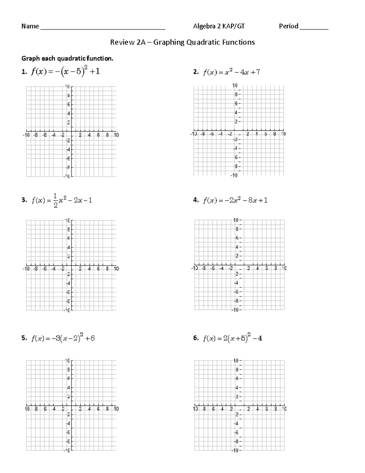 Review 2A Quadratic Functions 2024 - Name ...