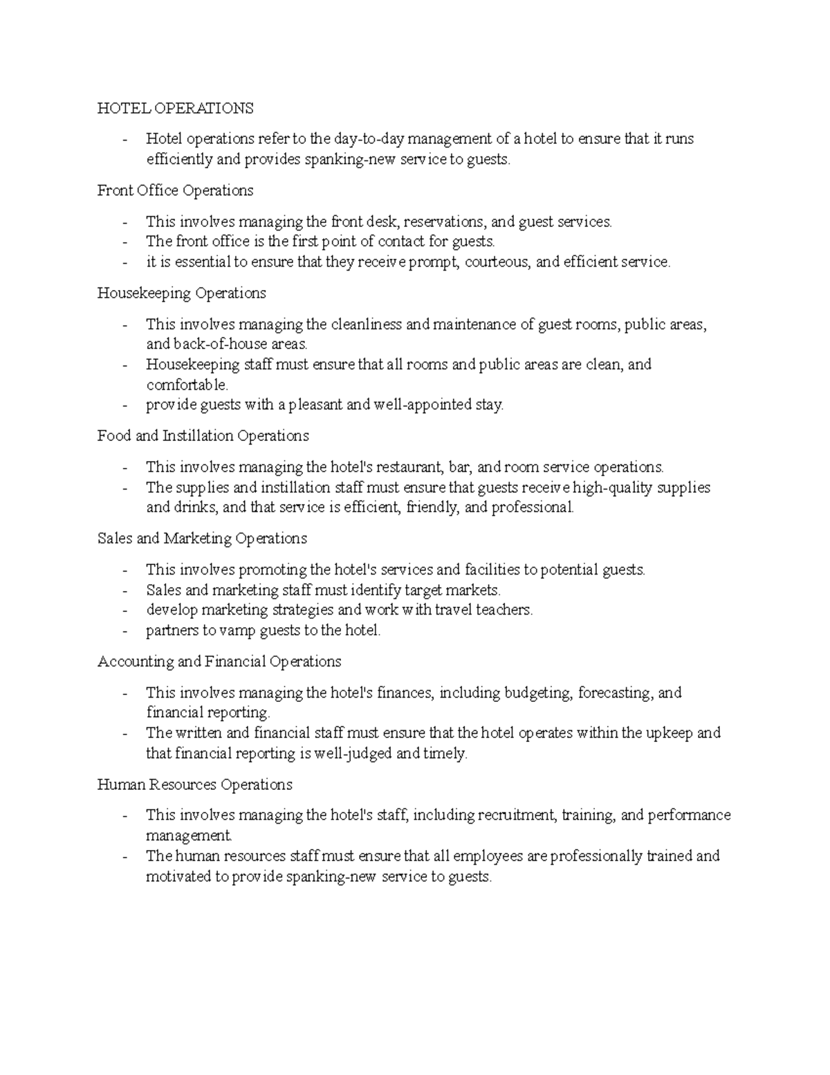 Hotel Operations Notes 2 - HOTEL OPERATIONS Hotel operations refer to ...