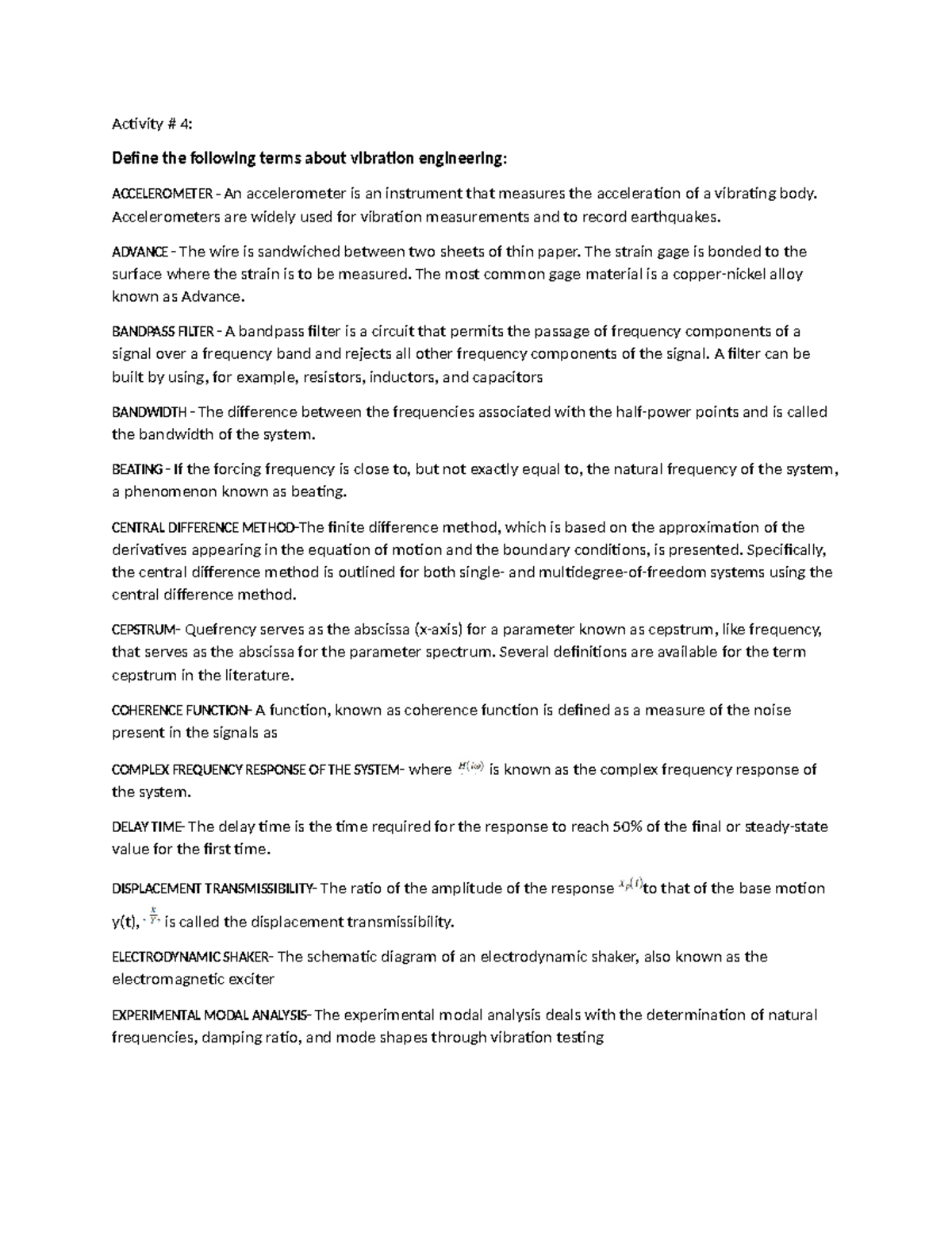 Activities Lesson And Summaries Of Lecture On Vibration Engineering Activity 4 Define The