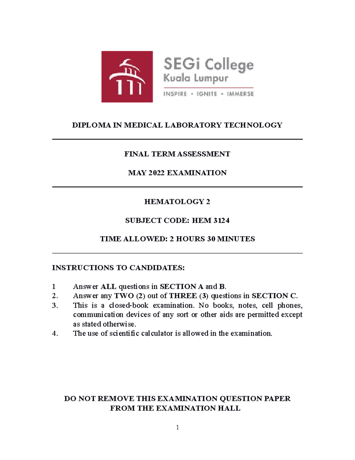 1 Set A HEM 3124 DMLT Question Paper - DIPLOMA IN MEDICAL LABORATORY ...