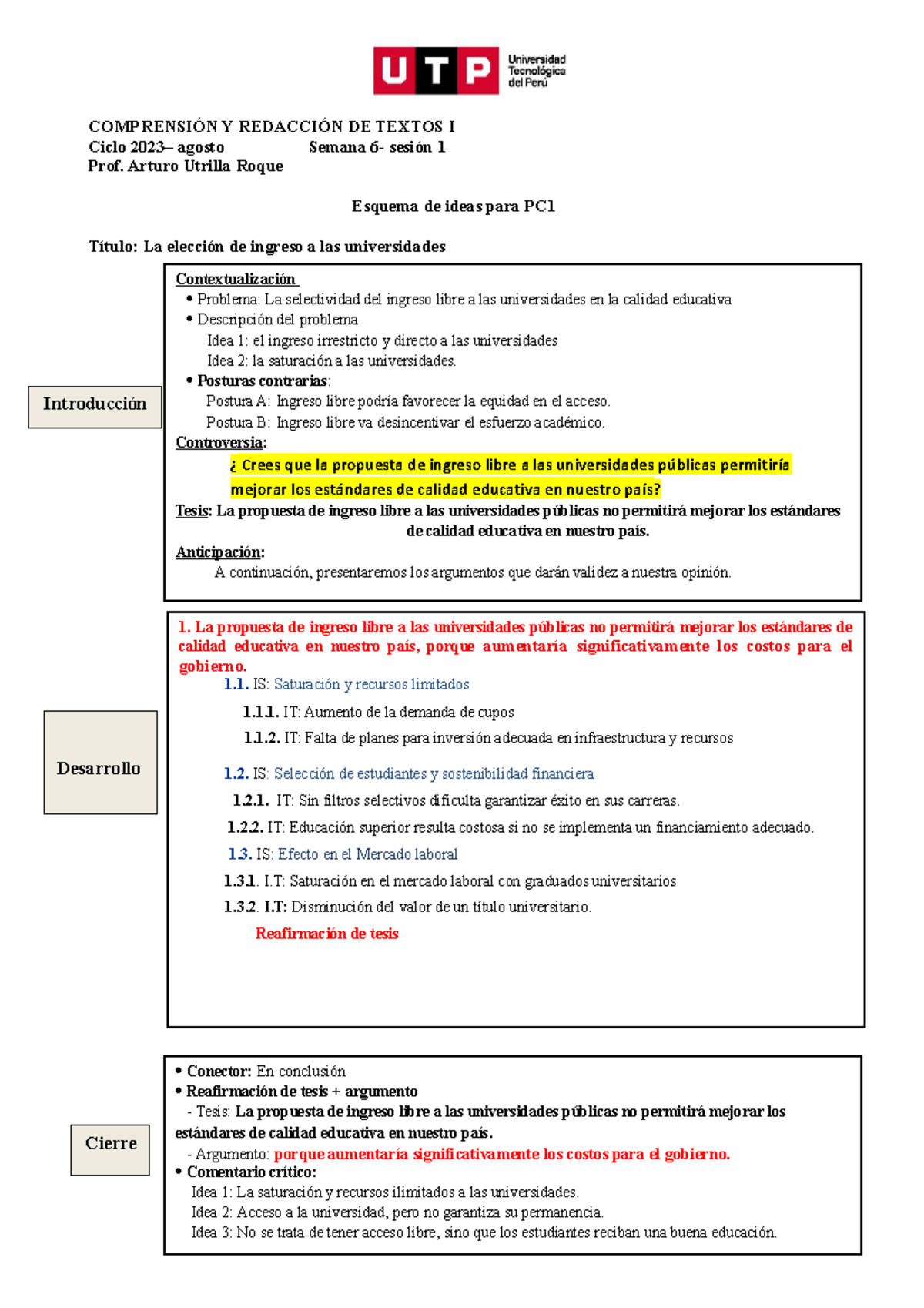 S06.s1-Esquema para PC1 (material) 2023 agostooo 2 - COMPRENSIÓN Y REDACCIÓN DE TEXTOS I Ciclo ...