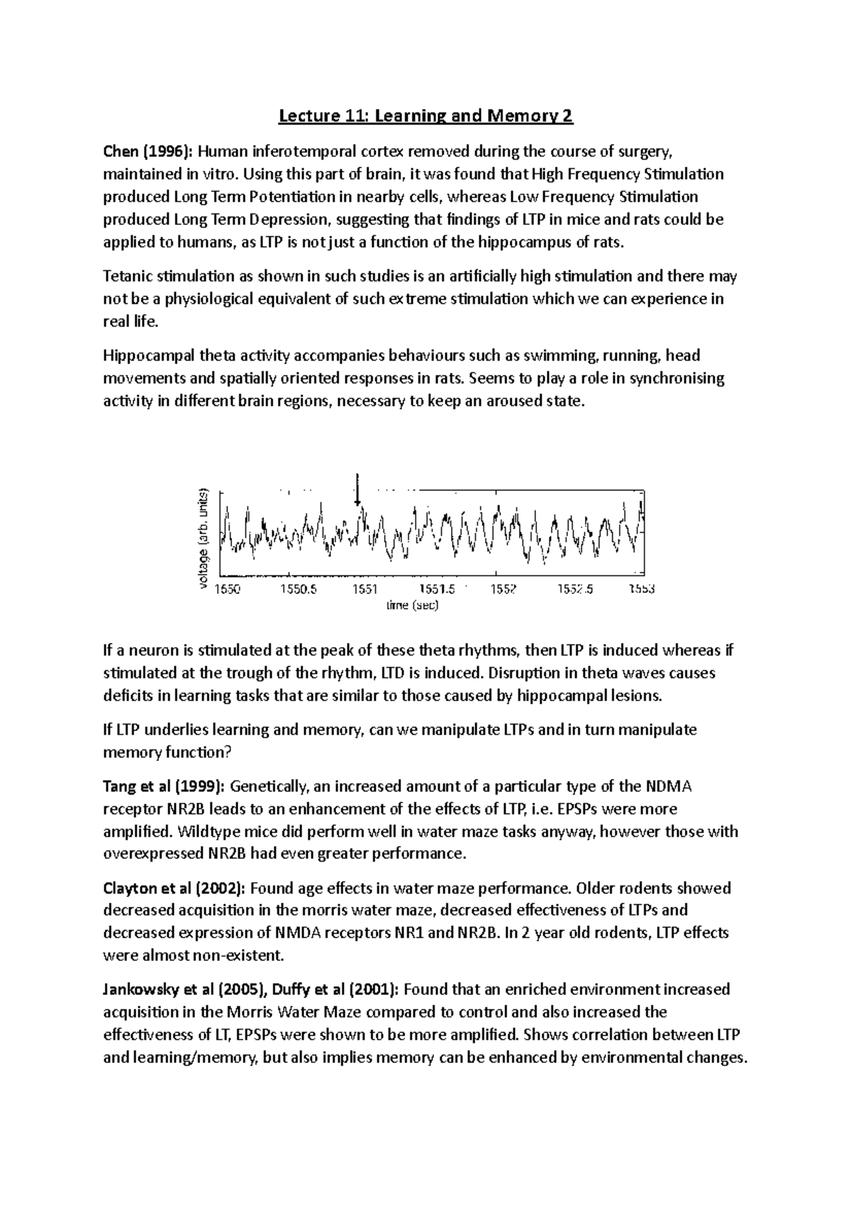 Bn B L11 Learning, Memory and LTP - Lecture 11: Learning and Memory 2 ...