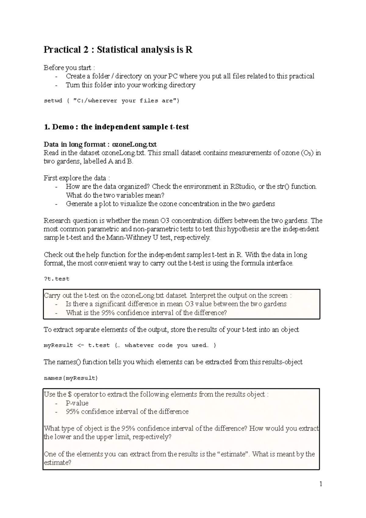 Practical 2 v2023 - Practical 2 : Statistical analysis is R Before you start : - Create a folder ...