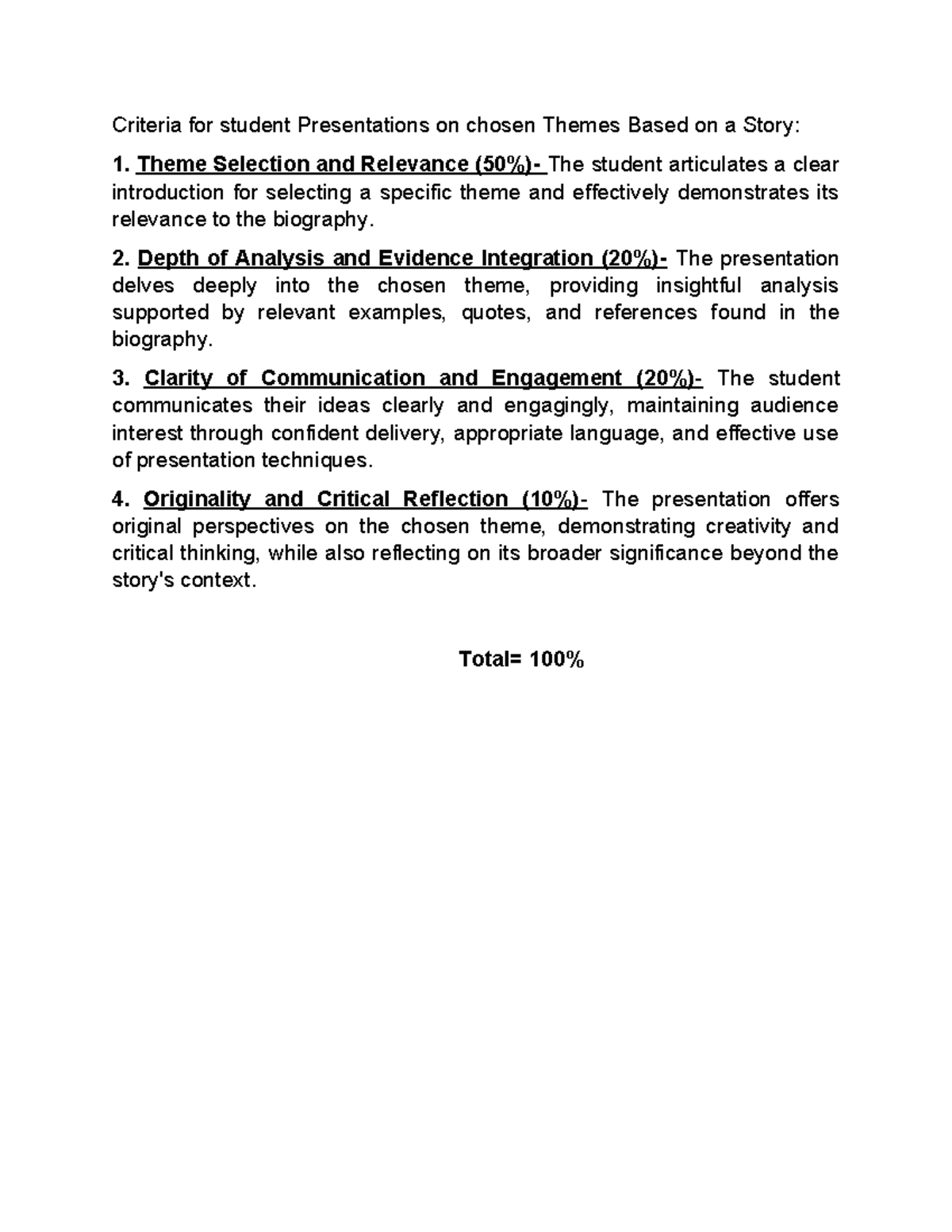 Criteria for student presentation - Depth of Analysis and Evidence ...