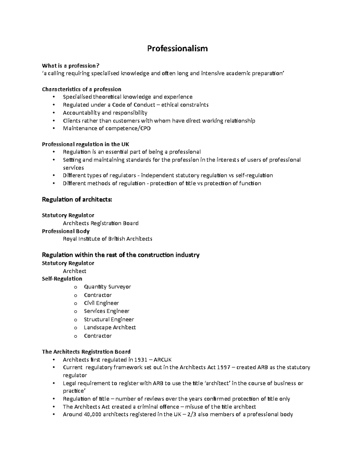 Professionalism - Lecture notes providing a detailed description of ...