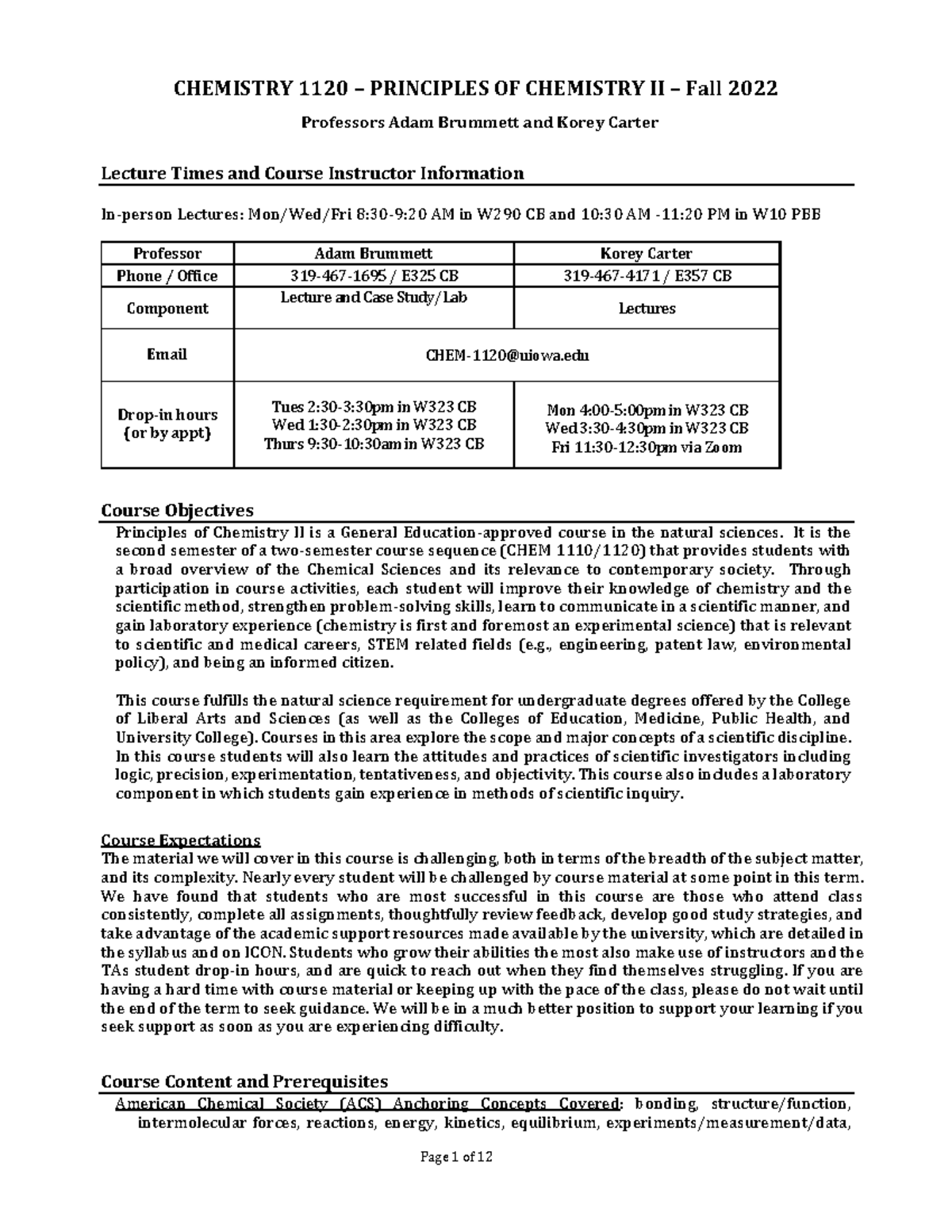 CHEM1120 F22 syllabus vfinal - CHEMISTRY 1120 – PRINCIPLES OF CHEMISTRY II – Fall 2022 ...