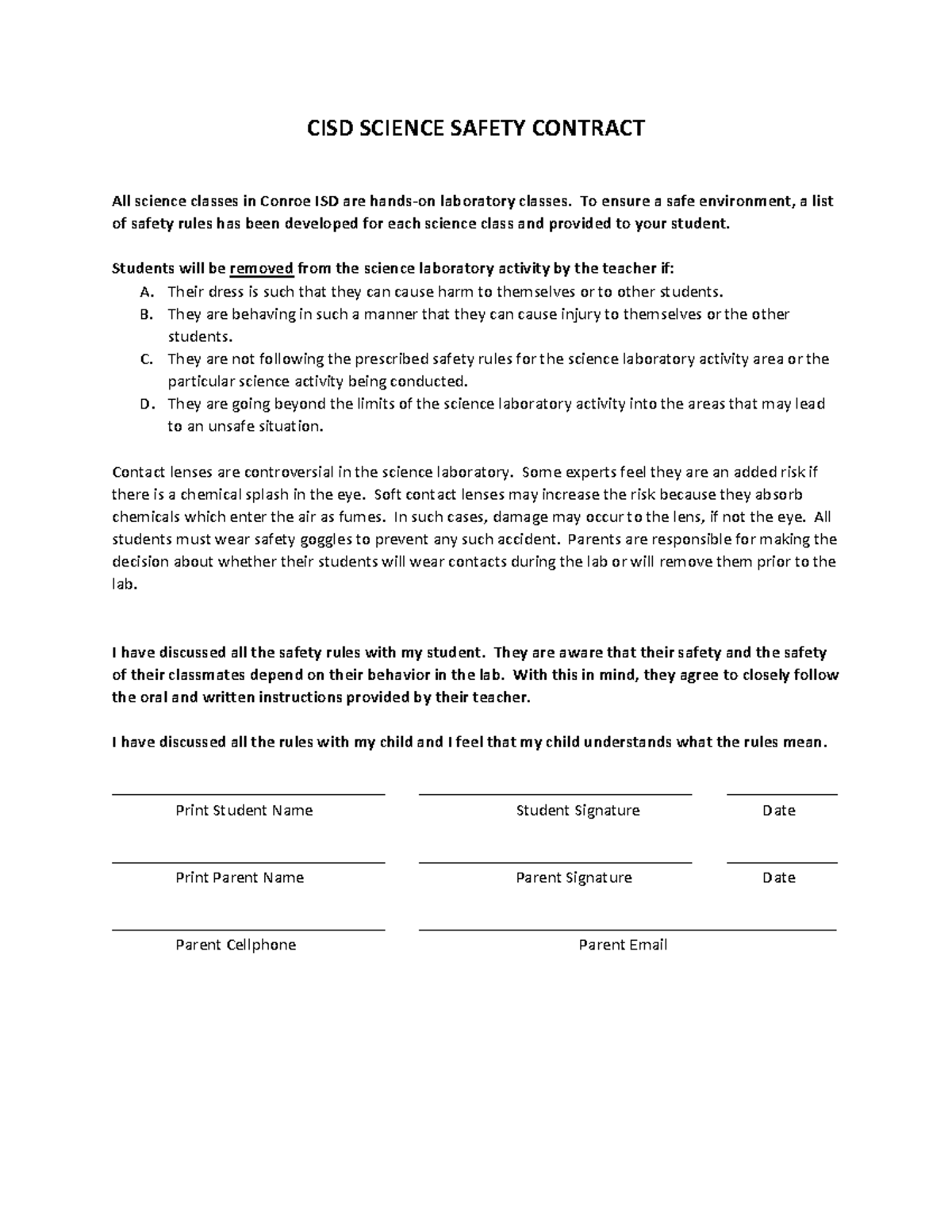 CISD+Science+Safety+Contract - CISD SCIENCE SAFETY CONTRACT All science ...