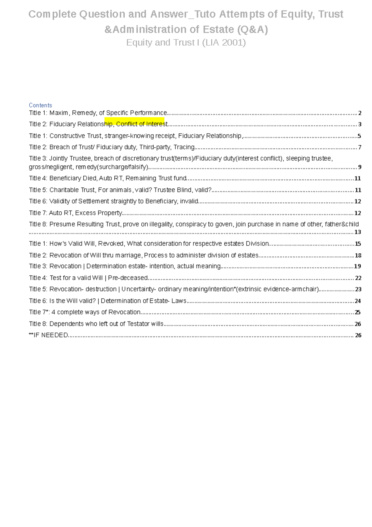 Tutorial Equity and Trust I (LIA 2001 ) - Complete Question and Answer_Tuto Attempts of Equity ...