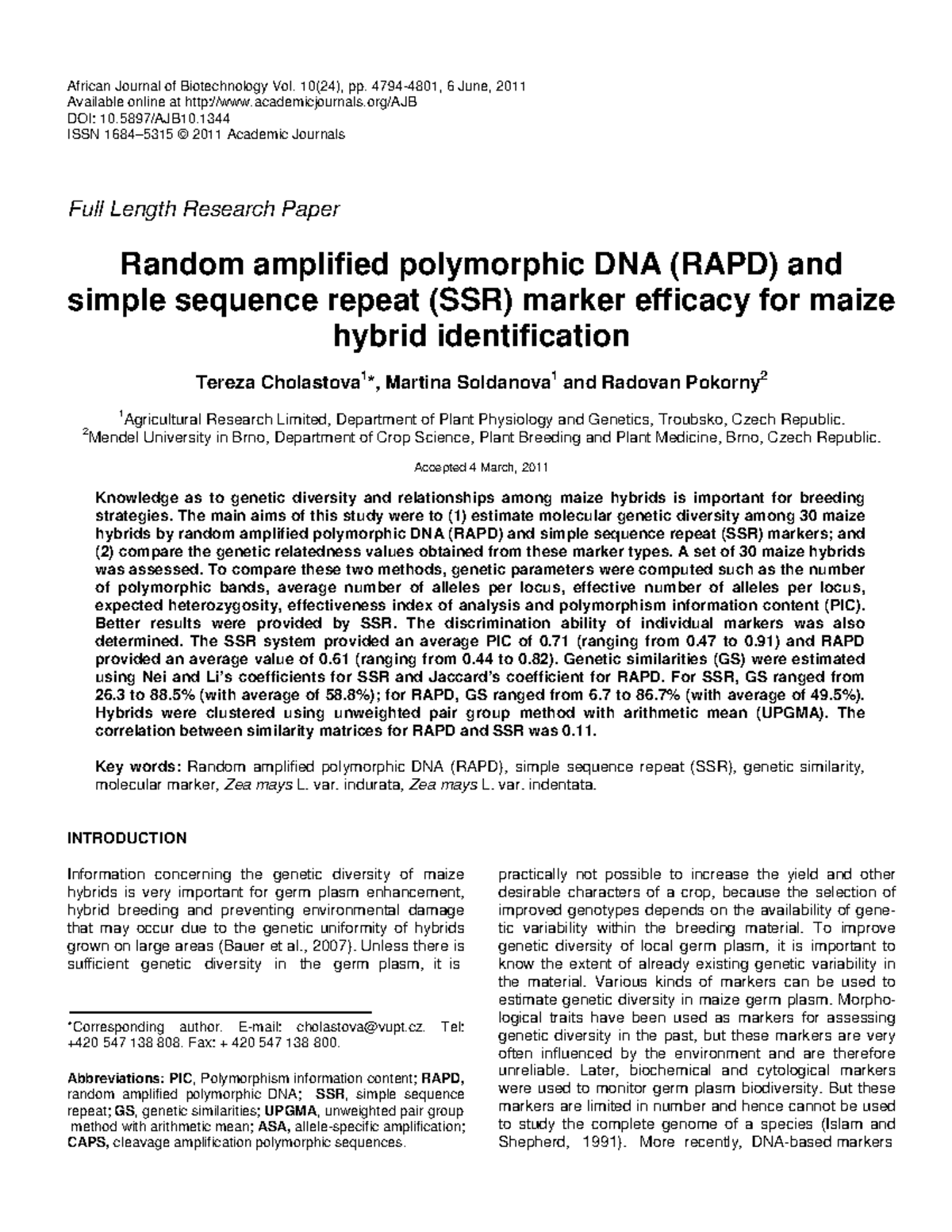 100510161 Random Amplified Polymorphic DNA RAPD and SSR Marker Efficacy ...