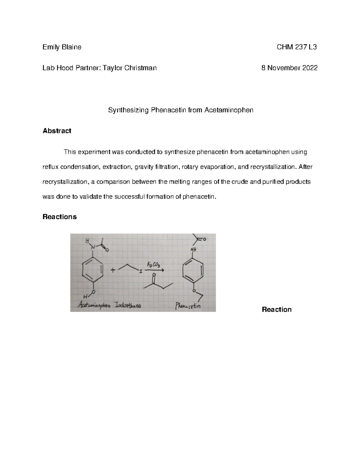 Acetaminophen Formal Lab Report L3 - Emily Blaine CHM 237 L Lab Hood ...