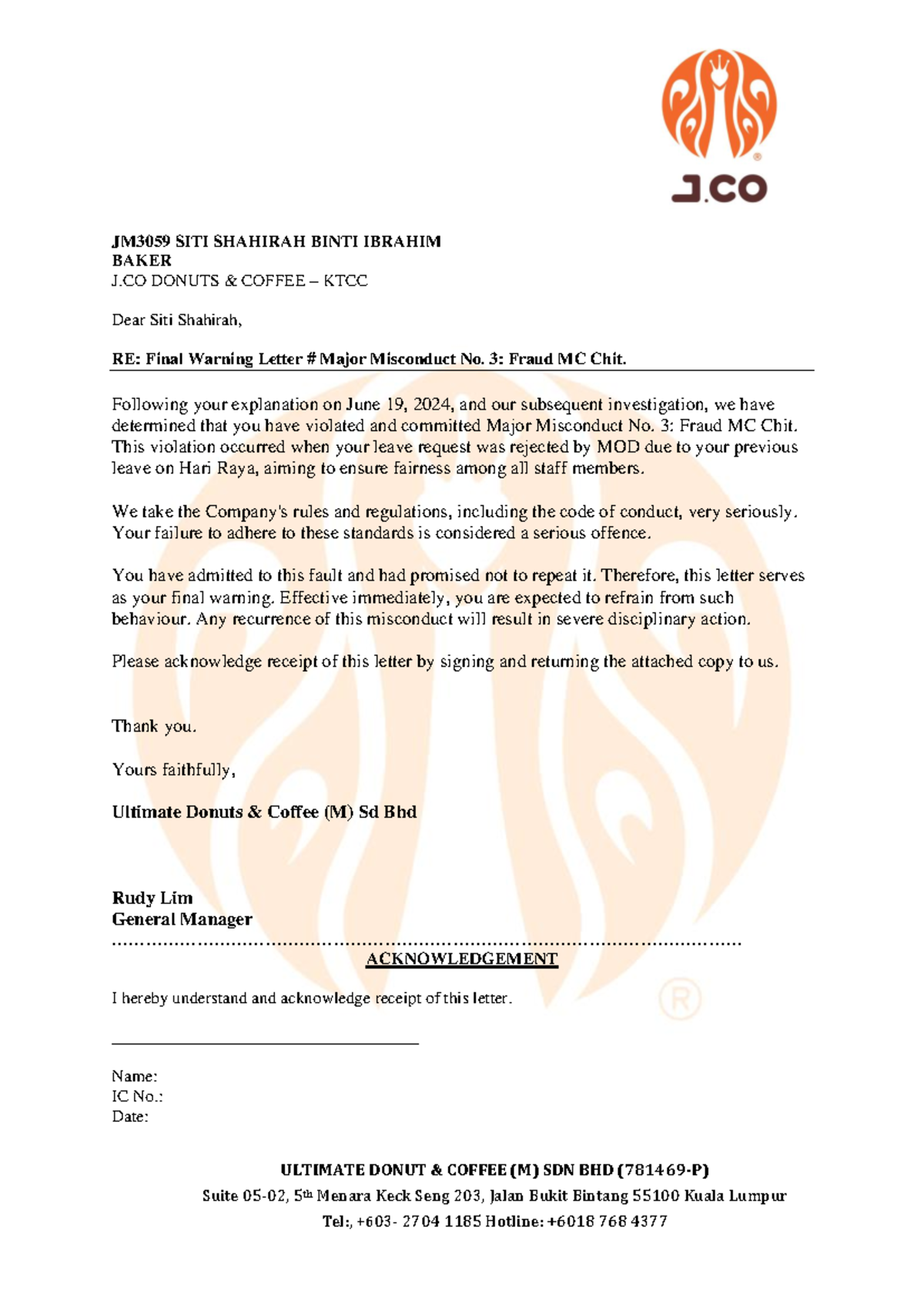 Final Warning Letter - 3 : Fraud MC Chit. Following your explanation on ...