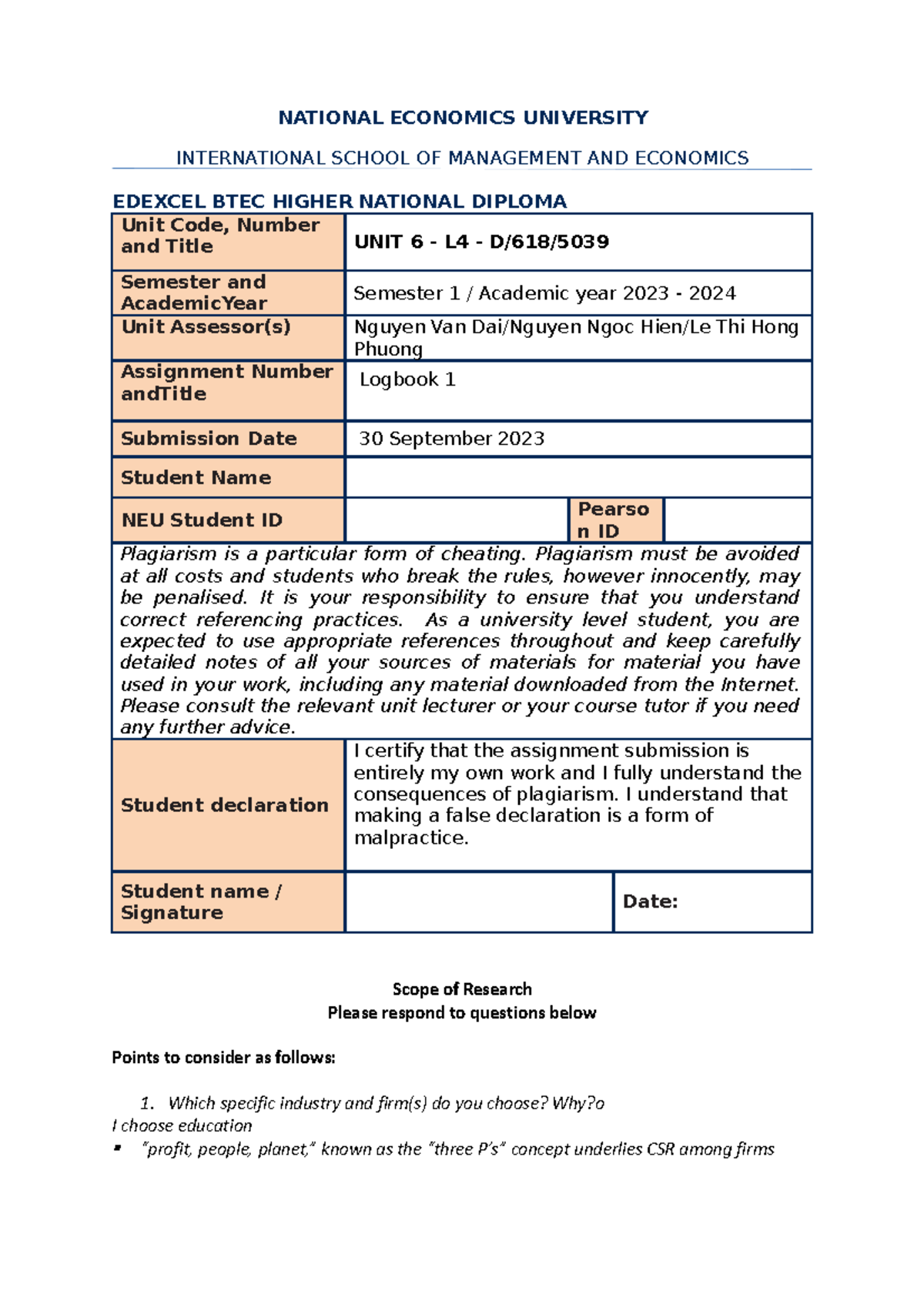 Logbook 1. Scope of Research - NATIONAL ECONOMICS UNIVERSITY ...