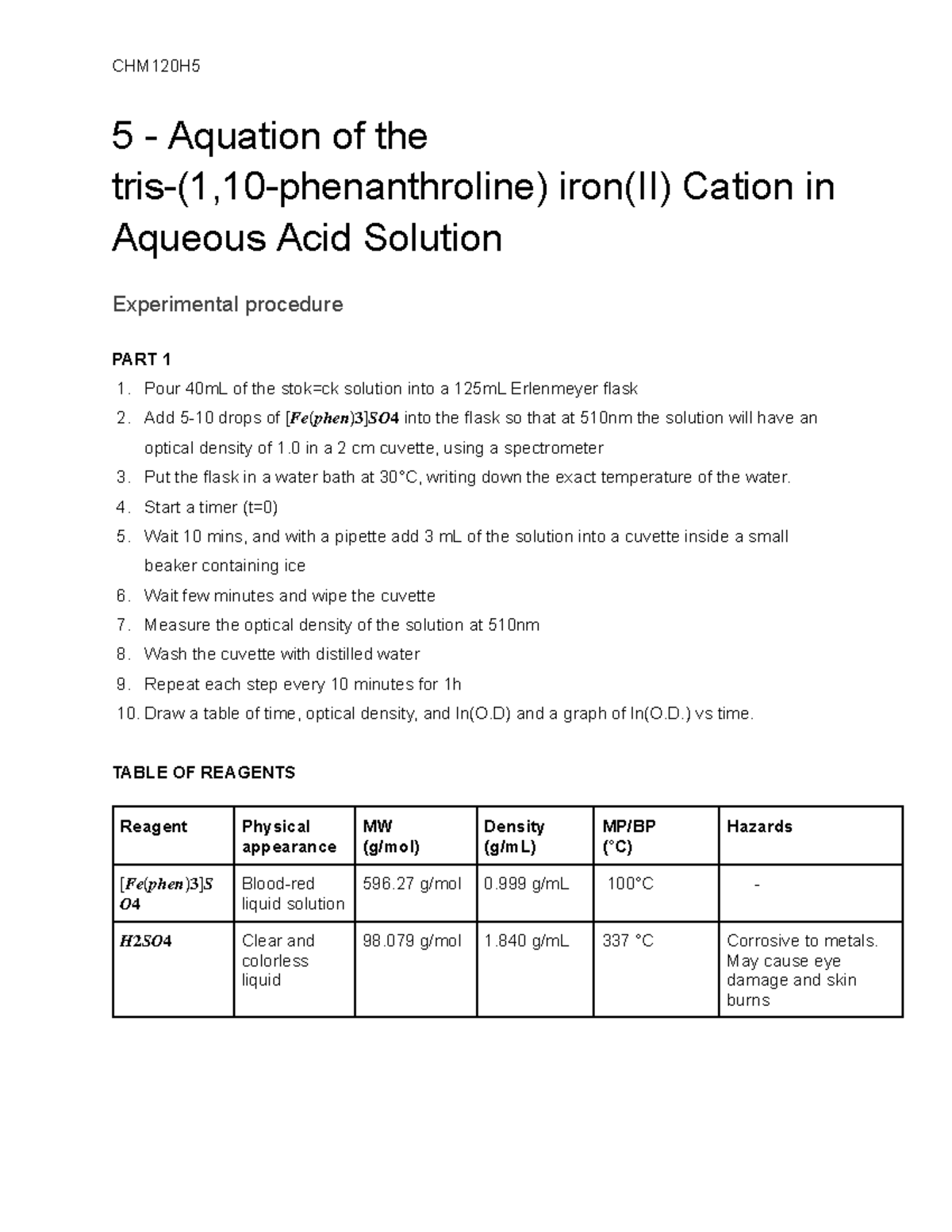Chem prelab 5 - CHM120H 5 - Aquation of the tris-(1,10-phenanthroline ...