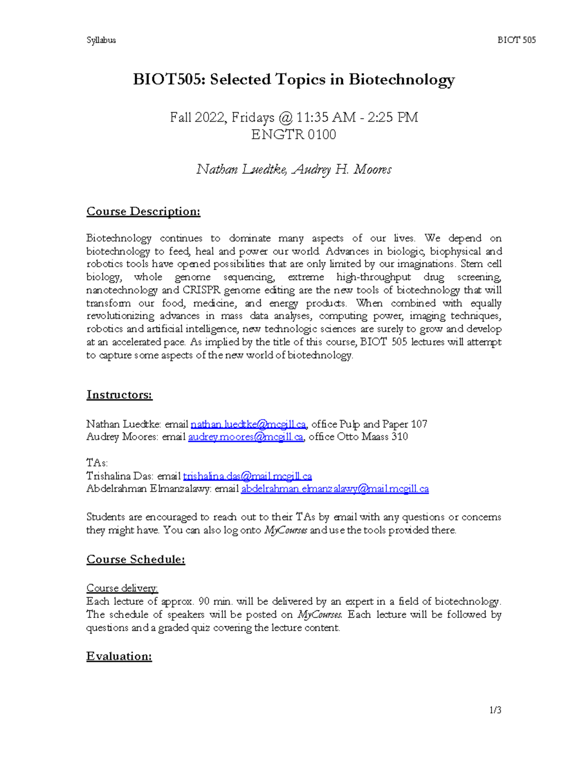 Biot505 syllabus 2022 - Course outline for Selected Topics in ...