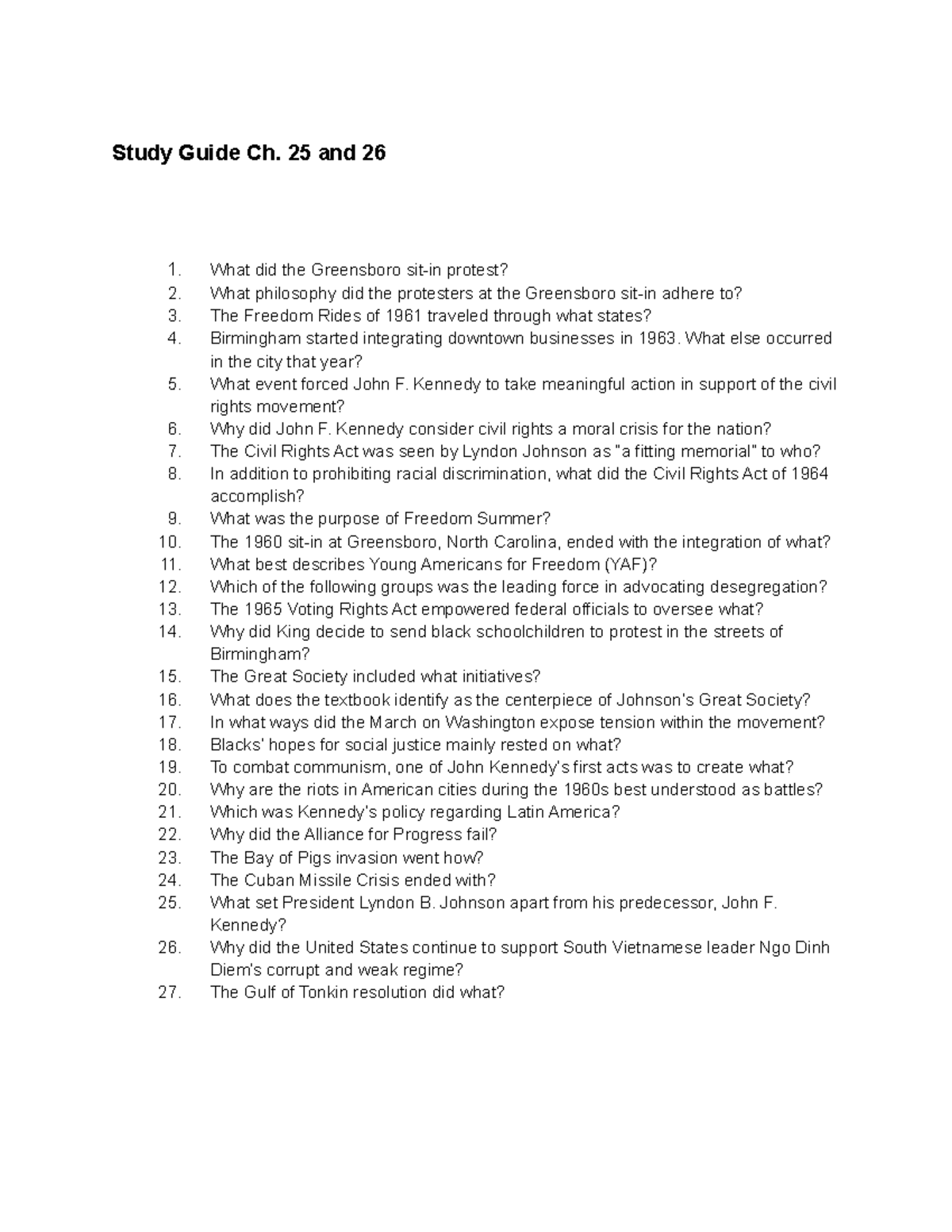 Ch. 25 and 26 Study Guide - Study Guide Ch. 25 and 26 1. What did the ...