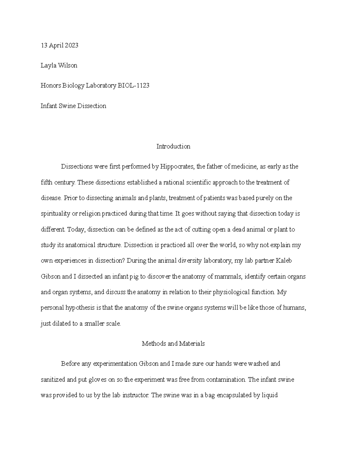 BIOL1123 Lab Report dissection - 13 April 2023 Layla Wilson Honors ...
