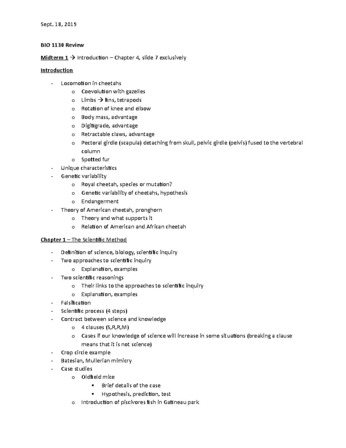 BIO 1130 Study Group - Lecture notes 1-5 - Sept. 18, 2019 BIO 1130 ...