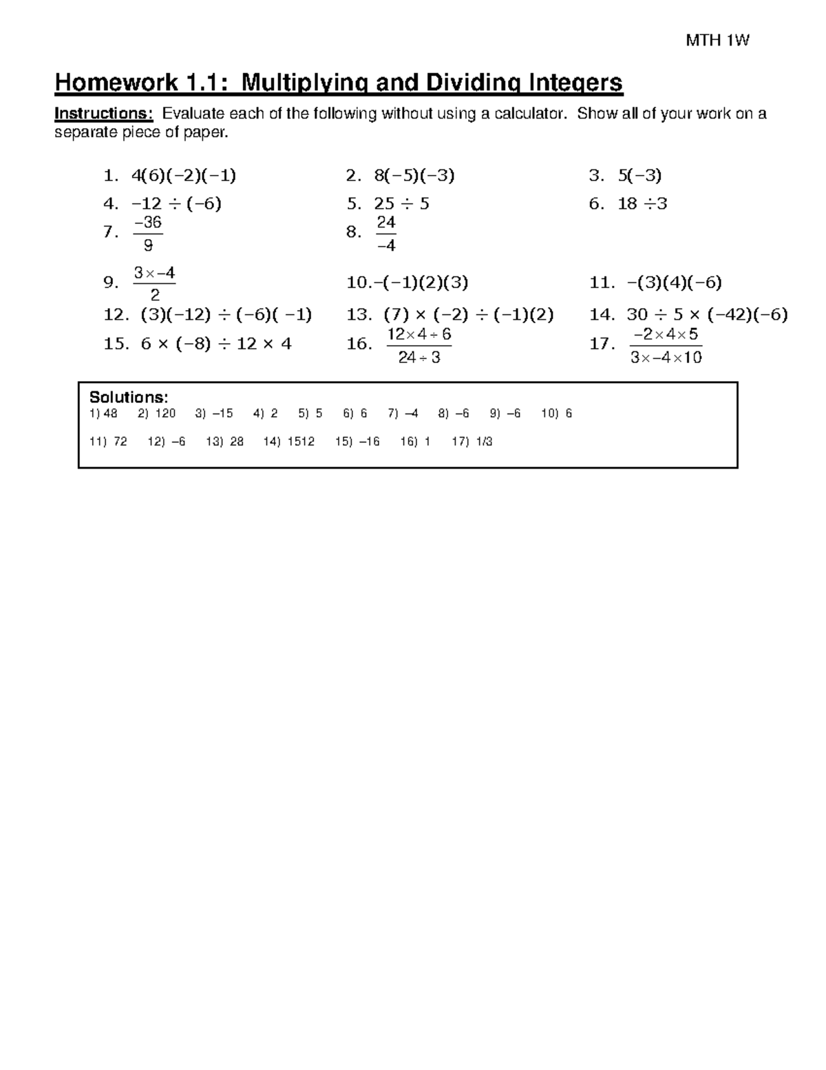 Multiplying, Dividing, Adding, Subtracting Integers Practice - MTH 1W ...