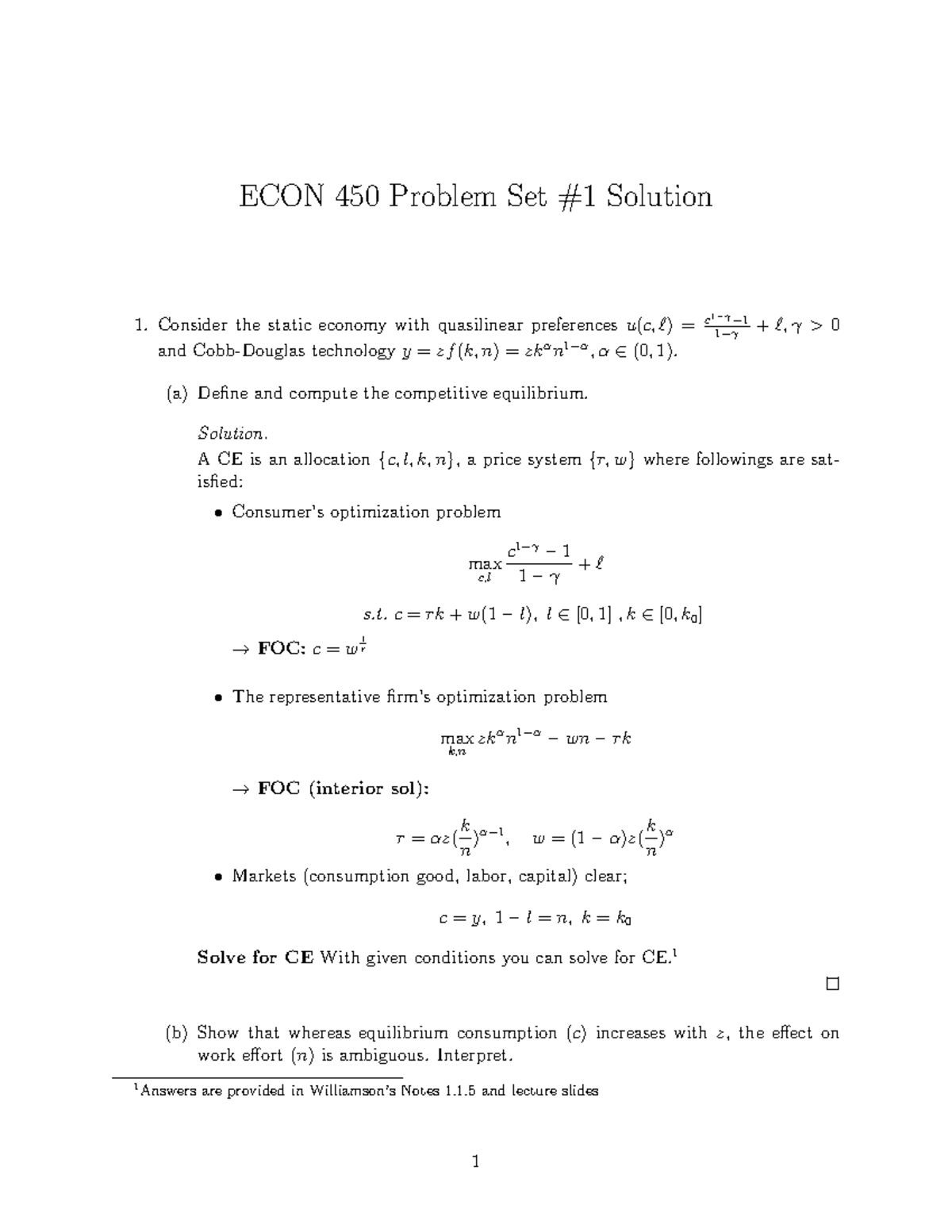 ECON 450 PR1 share - dsd - ECON 450 Problem Set #1 Solution Consider ...