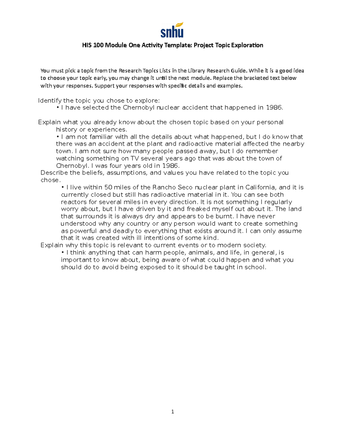 HIS 100 Module One Activity Template - While it is a good idea to ...