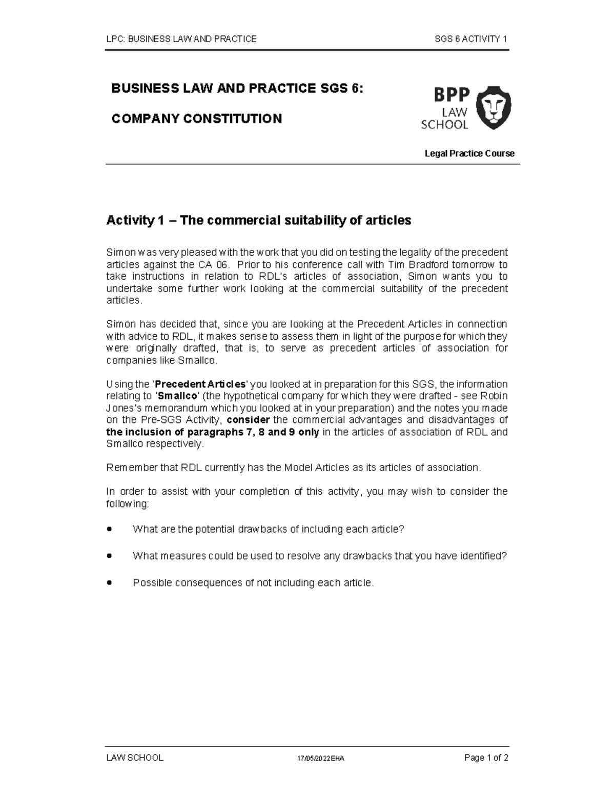 BLP SGS 6 Activity 1 22-23 - LPC: BUSINESS LAW AND PRACTICE SGS 6 ...