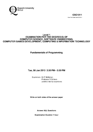 Fundamentals of programming past paper - CSC1011- Exam Time Table Code ...