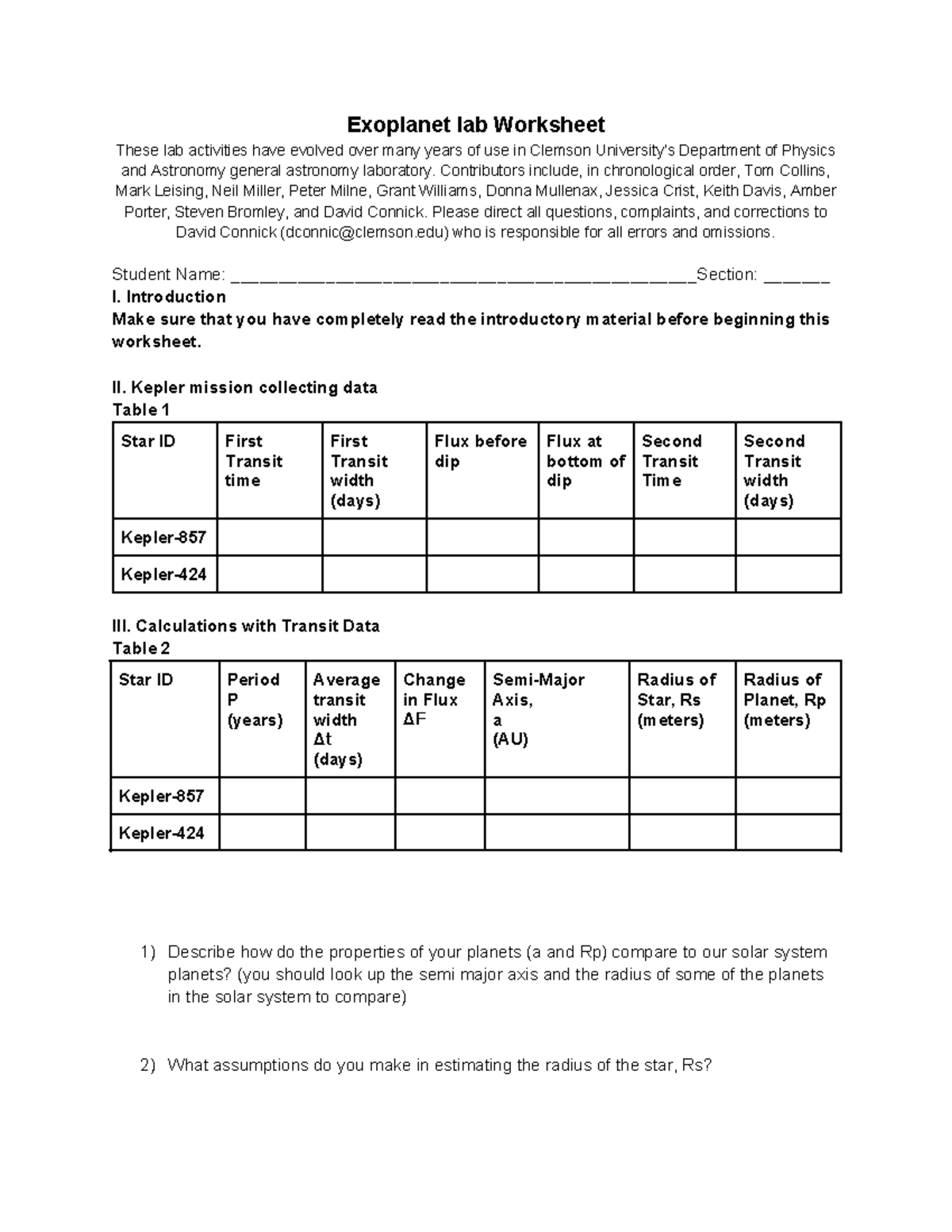 Exoplanet lab Worksheet - Exoplanet lab Worksheet These lab activities ...