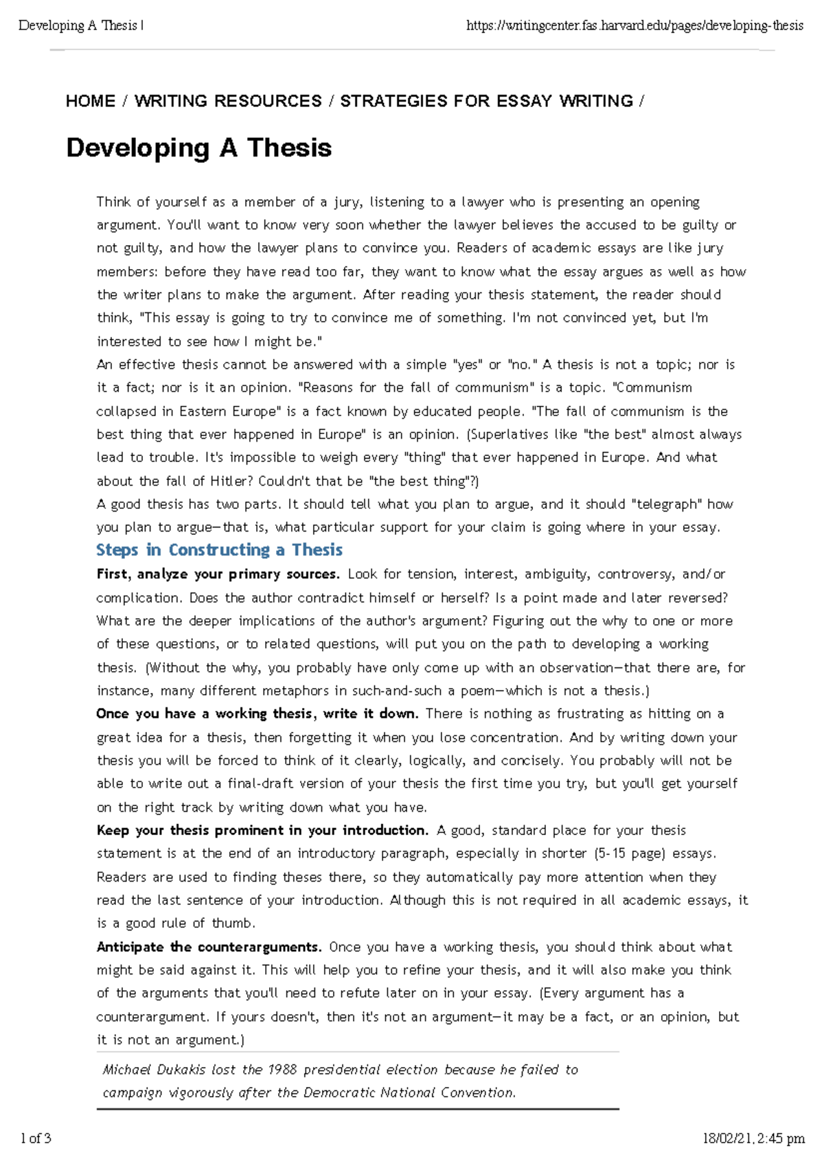 Developing A Thesis - HOME / WRITING RESOURCES / STRATEGIES FOR ESSAY ...