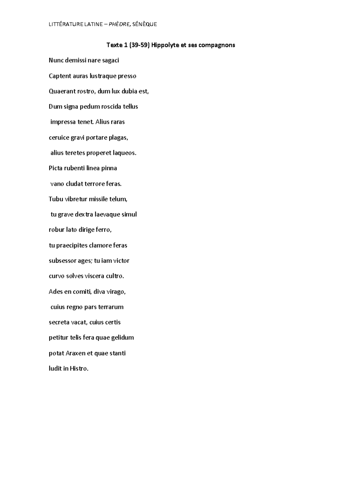 Phèdre, Sénèque- textes - Texte 1 (39-59) Hippolyte et ses compagnons ...