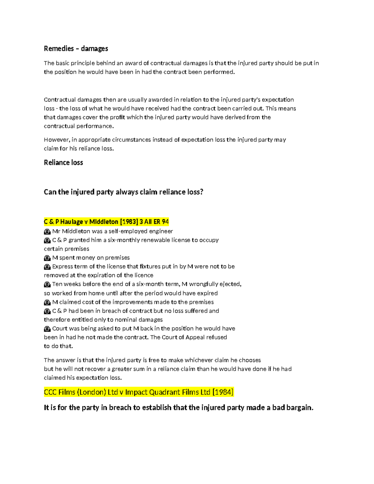 Remedies - damages and reliance - Remedies – damages The basic ...