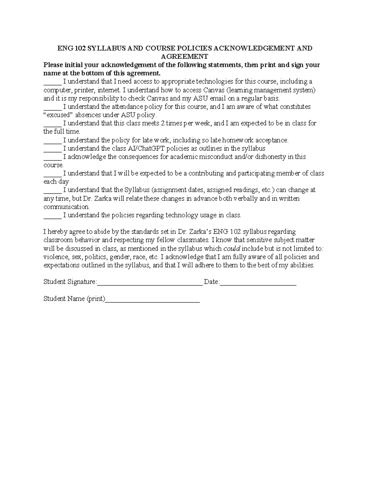 ENG 102 Syllabus Contract - ENG 102 SYLLABUS AND COURSE POLICIES ...