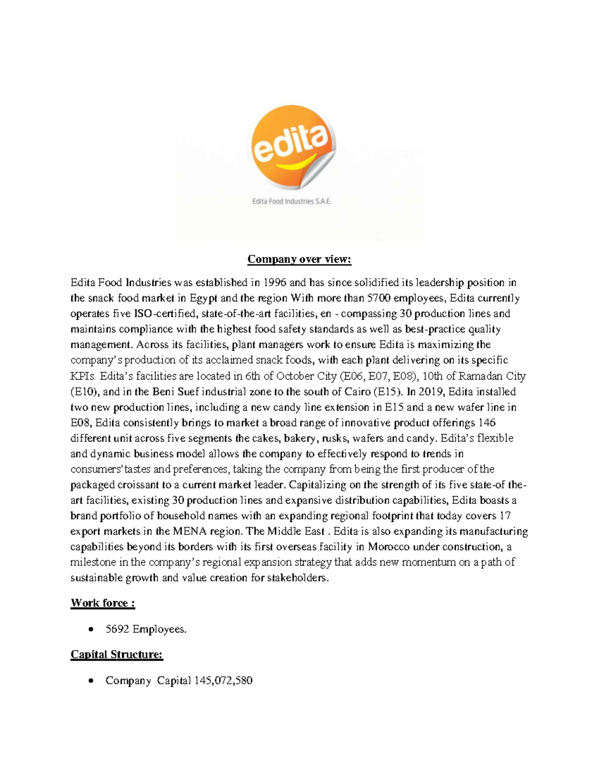 Edita - Graduation Project-converted - Company over view: Edita Food ...