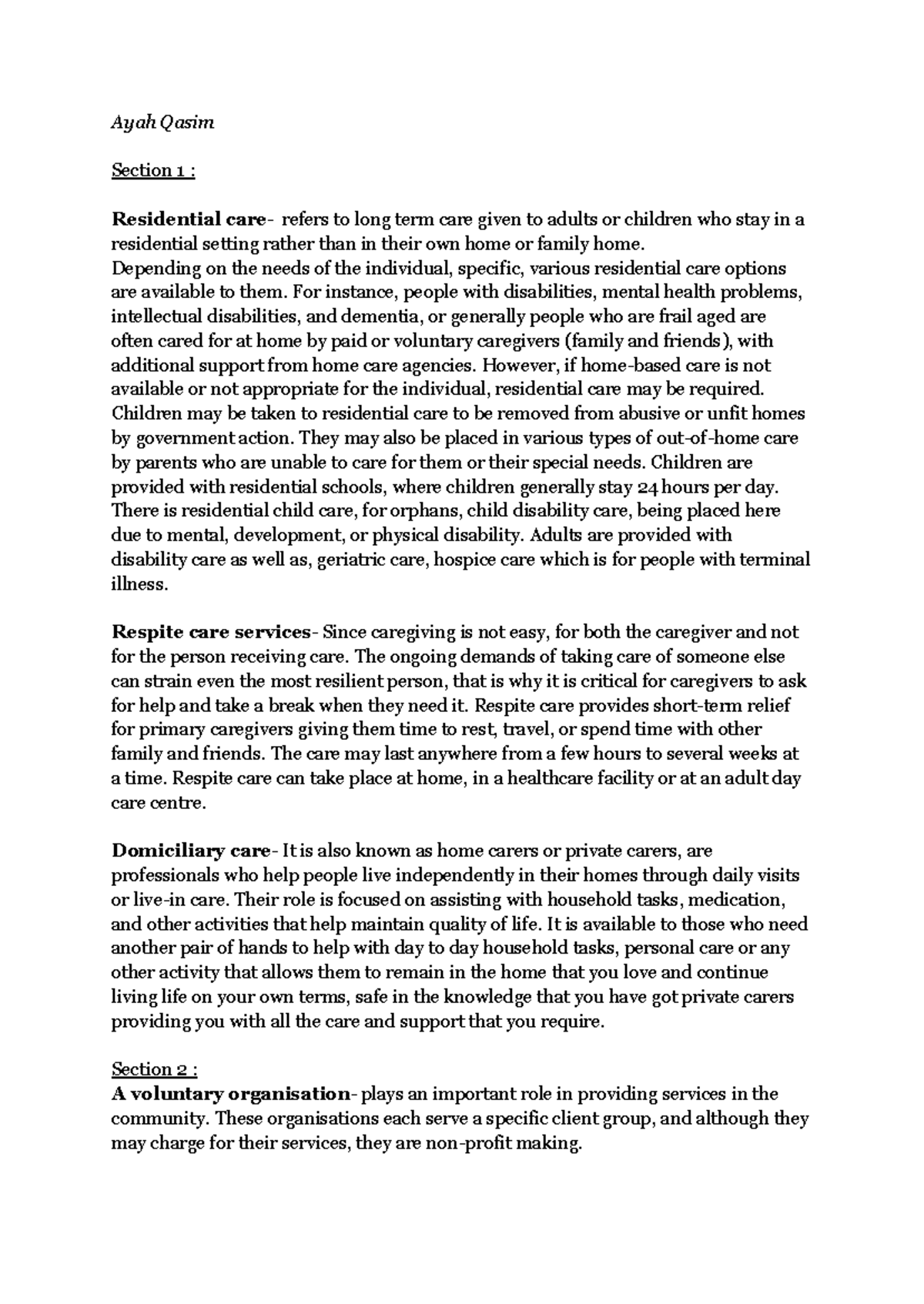 H&sc - idk - Section 1 : Residential care- refers to long term care ...