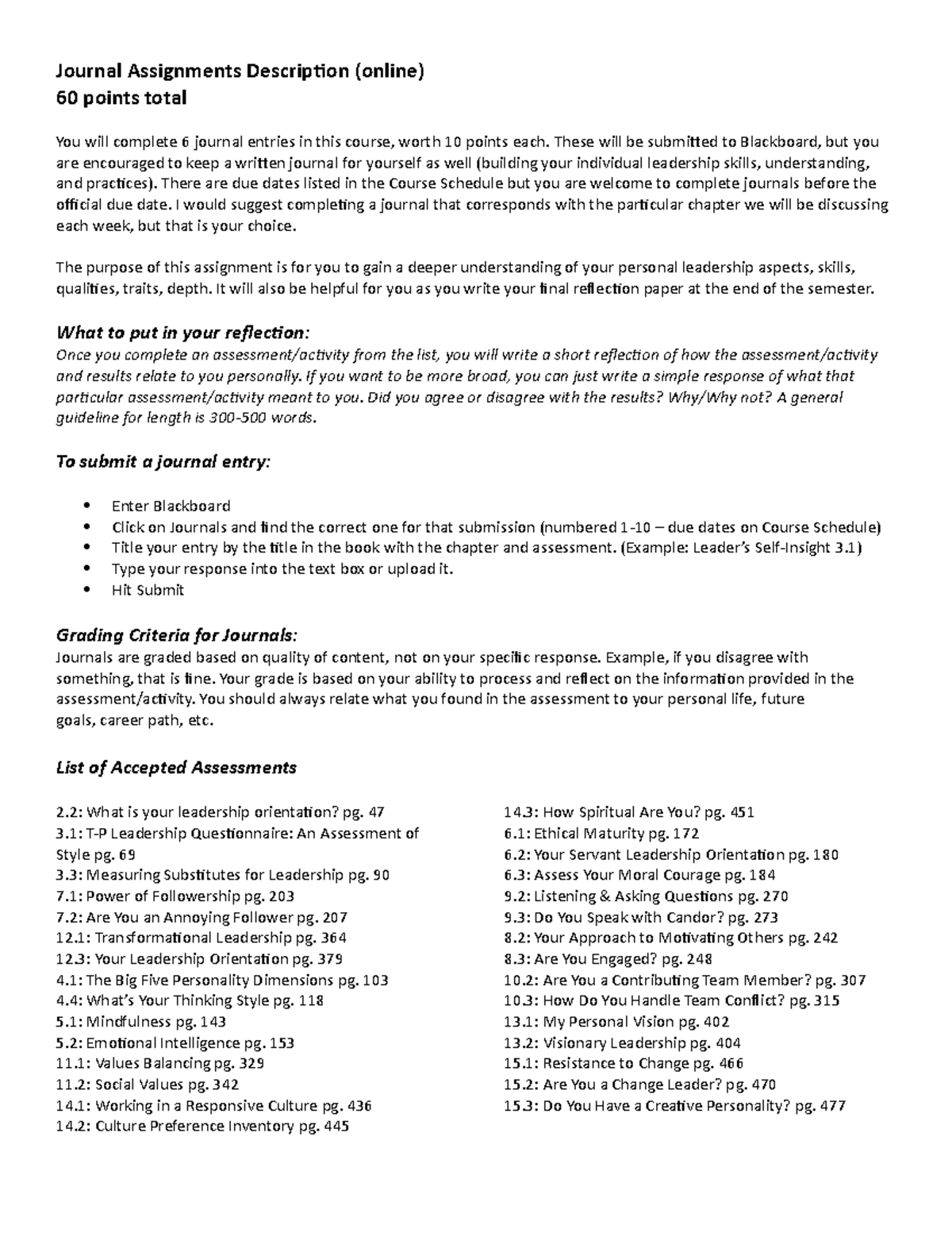 LDR Course Journal Assigment Description(1) - Journal Assignments ...