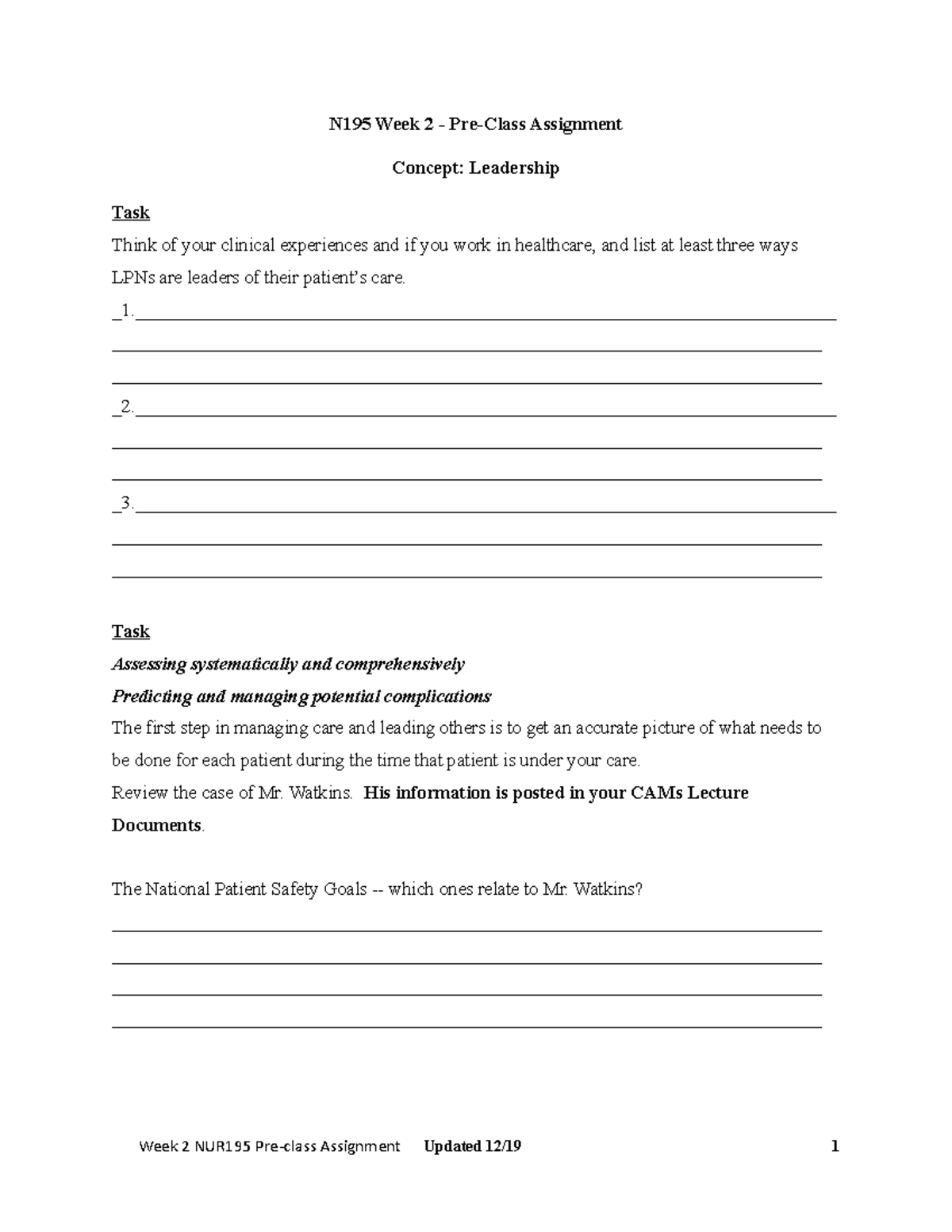 NUR 195 Week 2 Pre-Class Assignment 2020-revised - N195 Week 2 - Pre ...