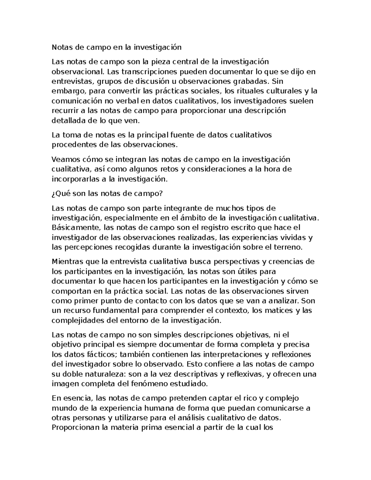 Notas de campo en observación etnográfica - Notas de campo en la ...