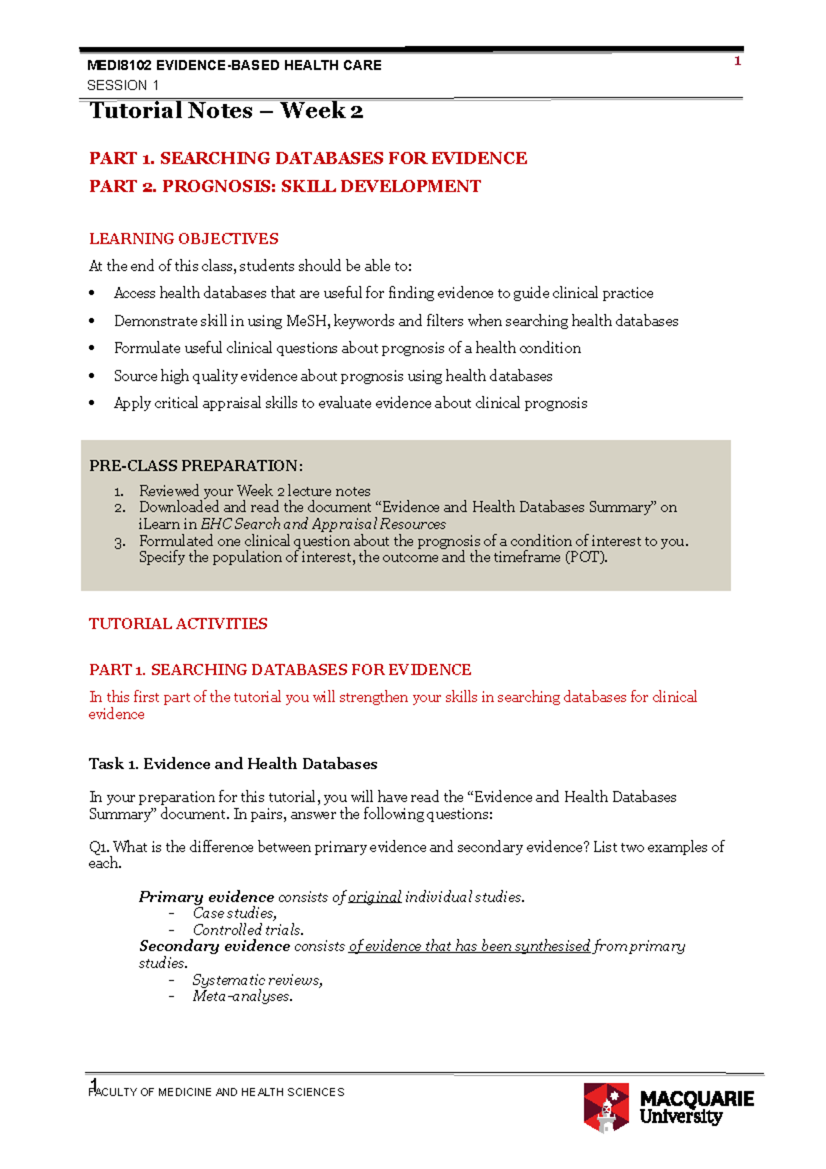 MEDI8102 W2 T1 - Detailed tutorial notes - Tutorial Notes – Week 2 PART ...