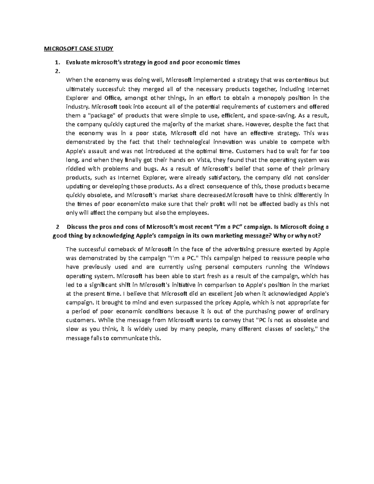 CHAP 3 Marketing - MICROSOFT CASE STUDY Evaluate microsoft’s strategy ...