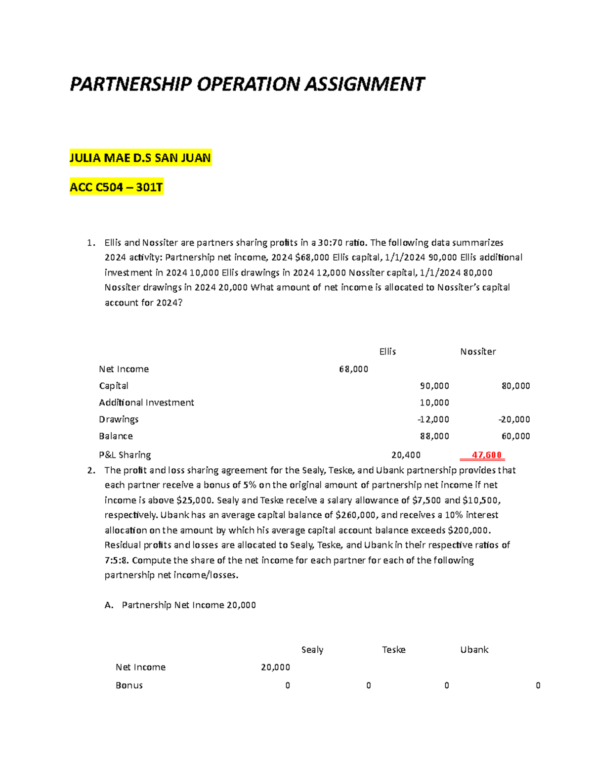Partnership Operation Assignment - PARTNERSHIP OPERATION ASSIGNMENT ...